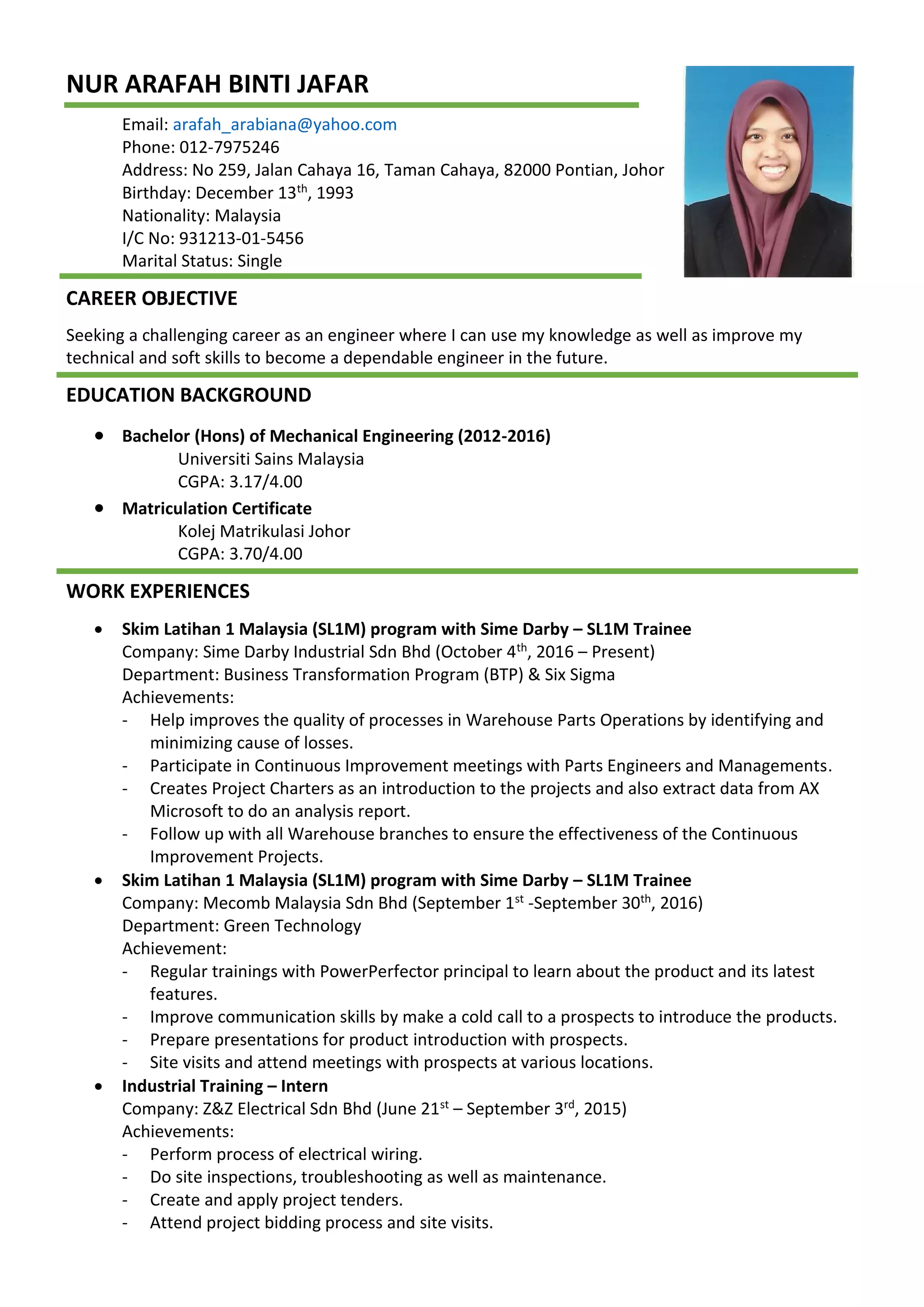 NUR ARAFAH JAFAR RESUME | PDF
