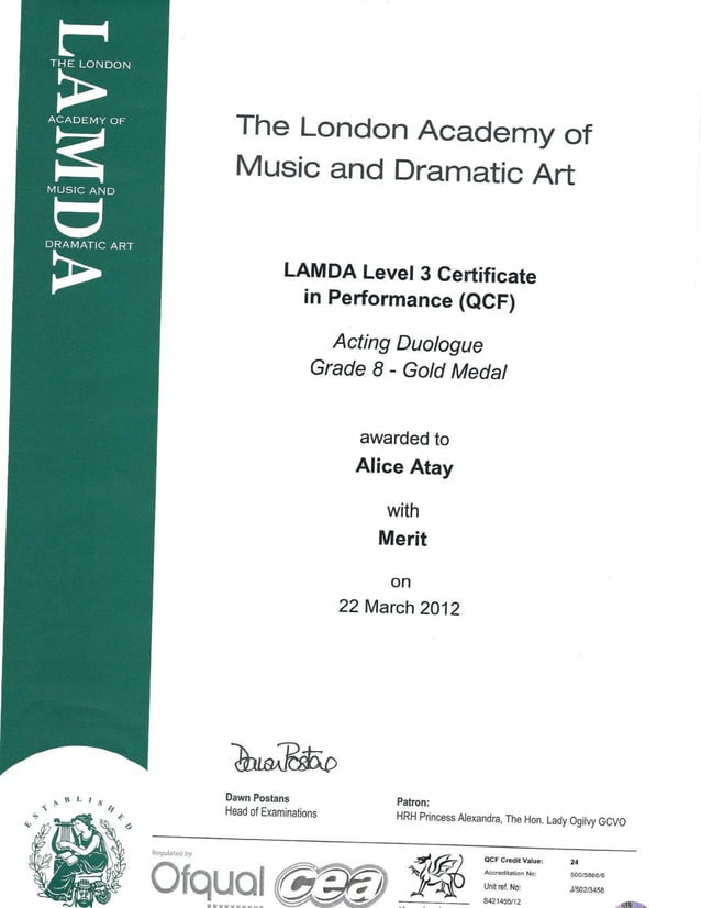 LAMDA Acting Duo Gold Certificate | PDF