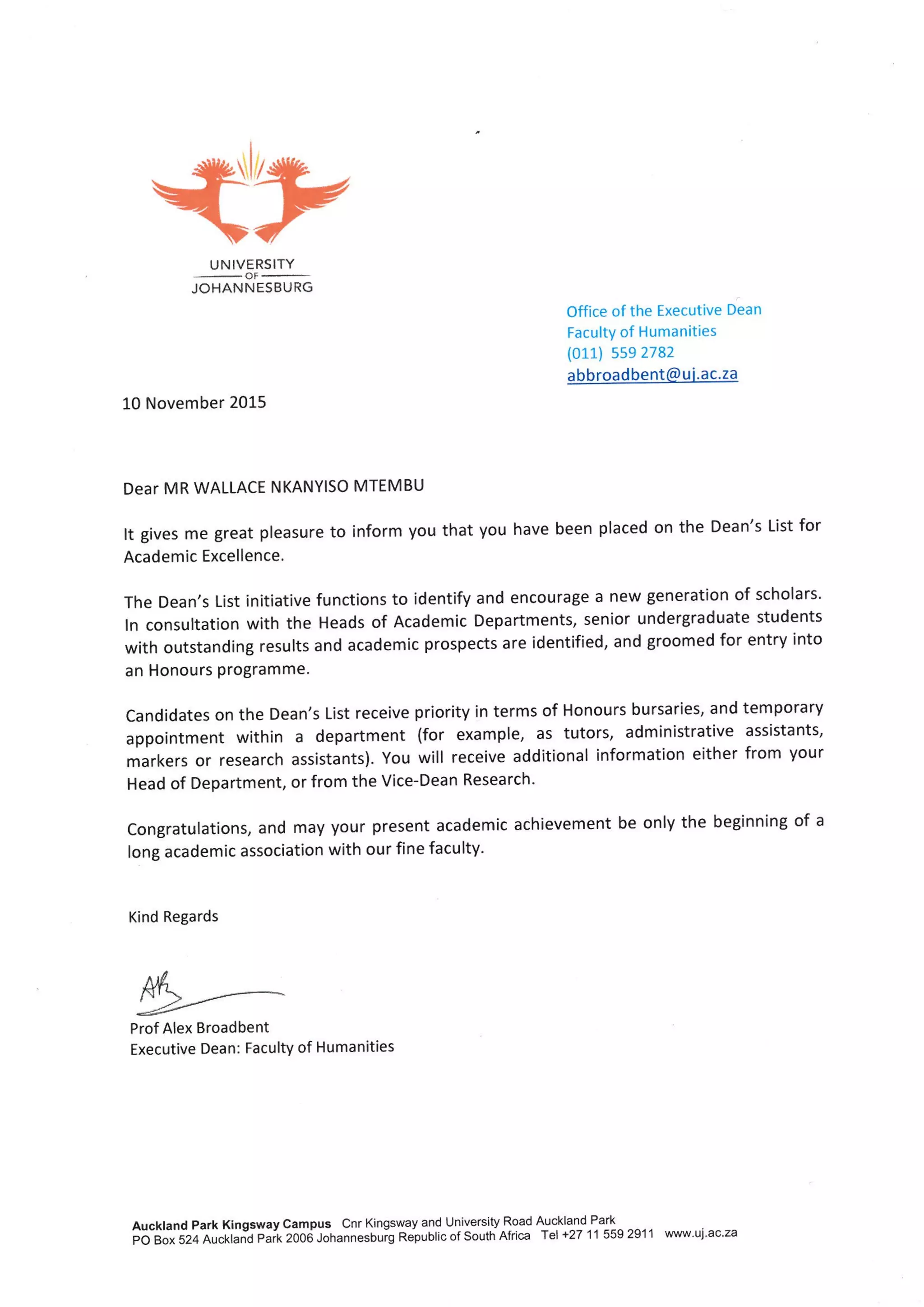 Dean's Top Achievers in Academic Excellence Letter | PDF