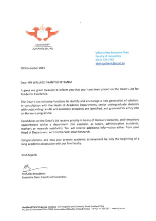 Dean's Top Achievers in Academic Excellence Letter | PDF