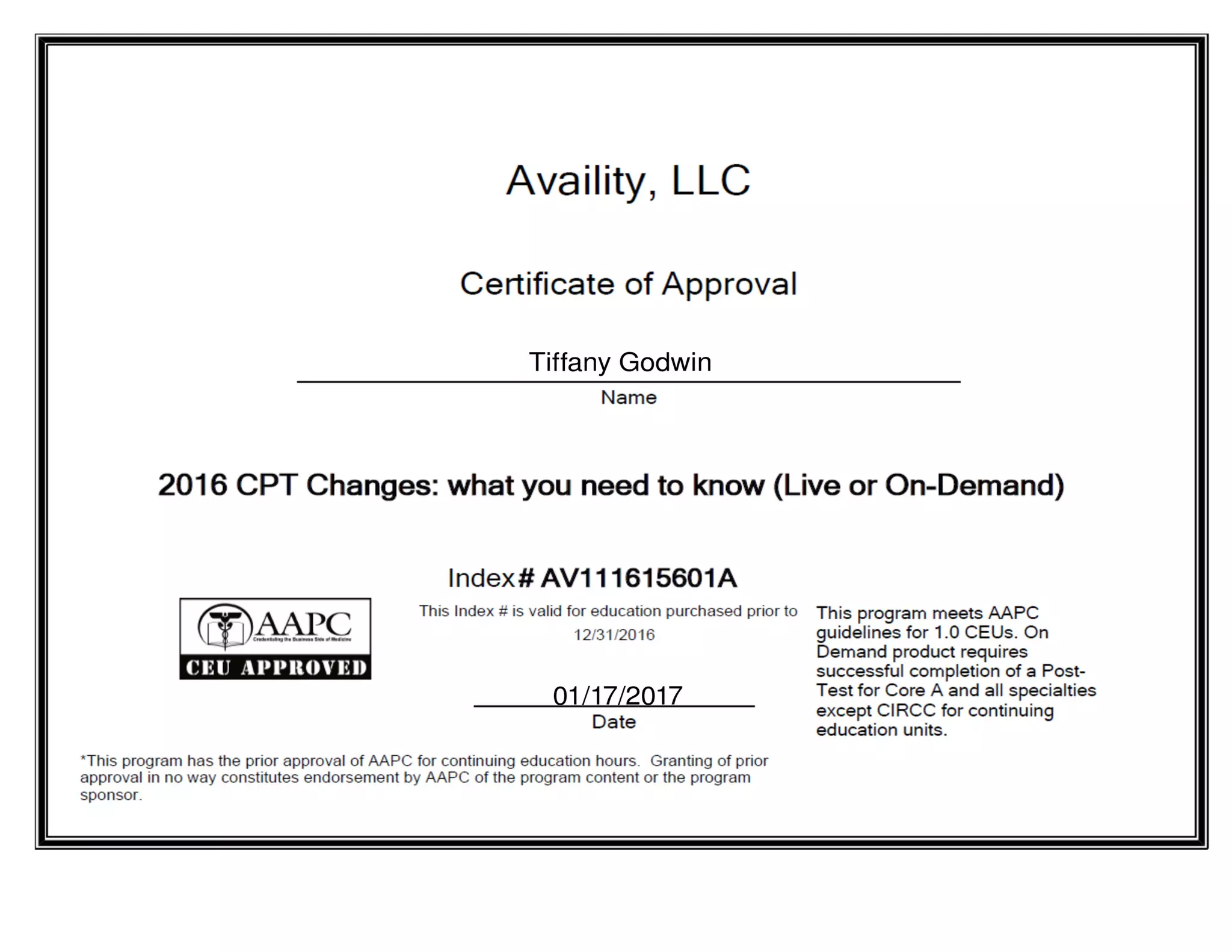 2016 CPT CHANGES CERTIFICATE | PDF