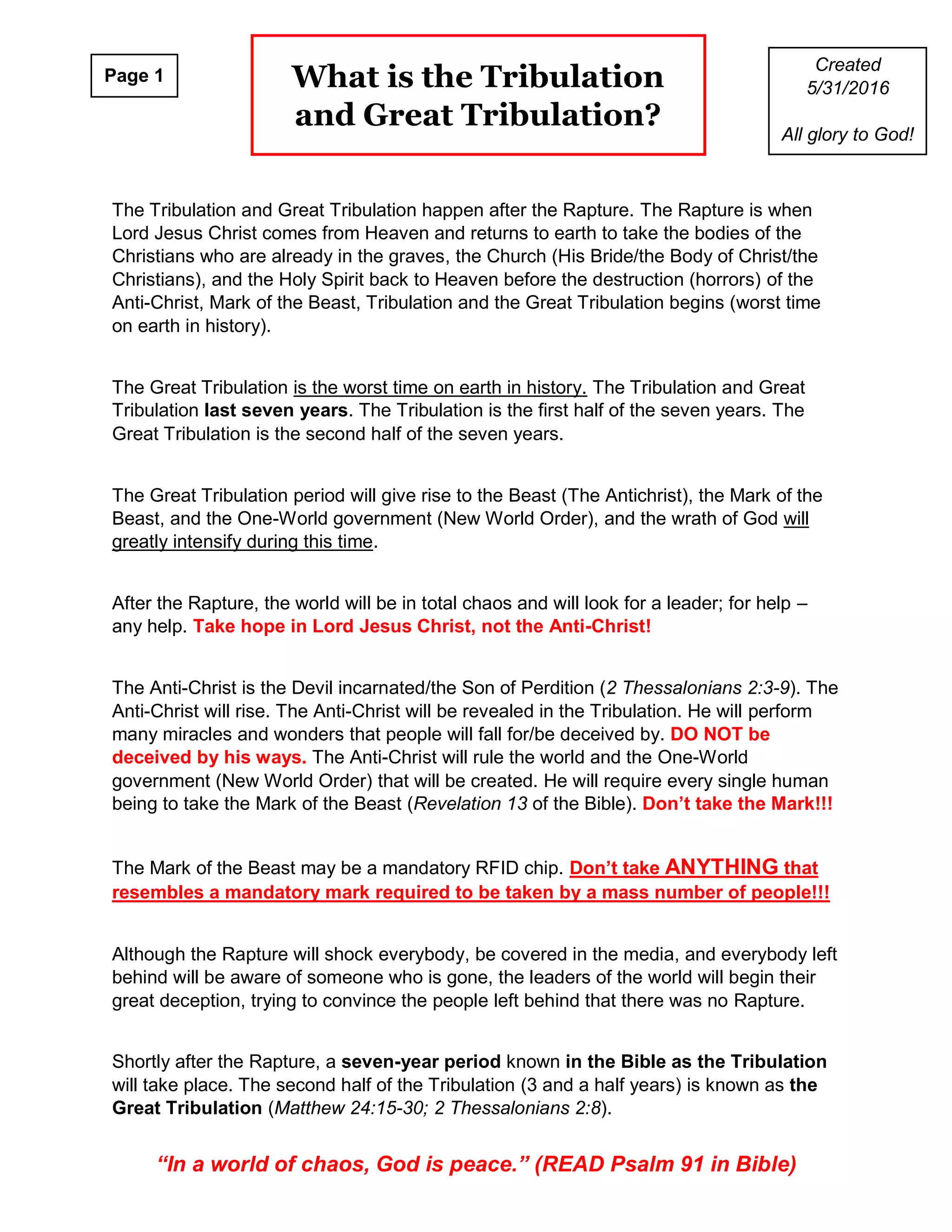 What is the Tribulation and Great Tribulation PRINTOUT | PDF
