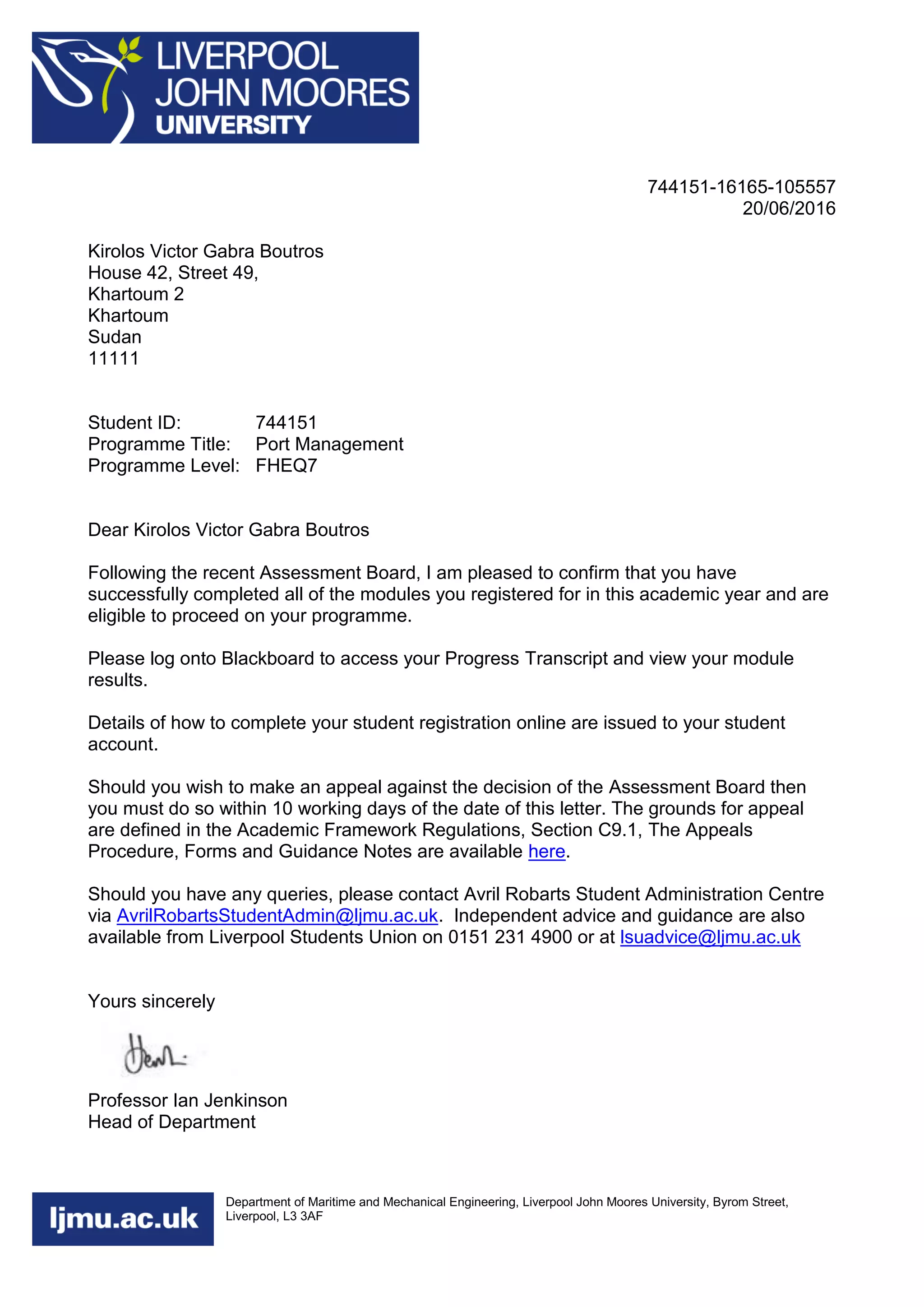 Kirolos Boutros - Passing All Modules Letter | PDF