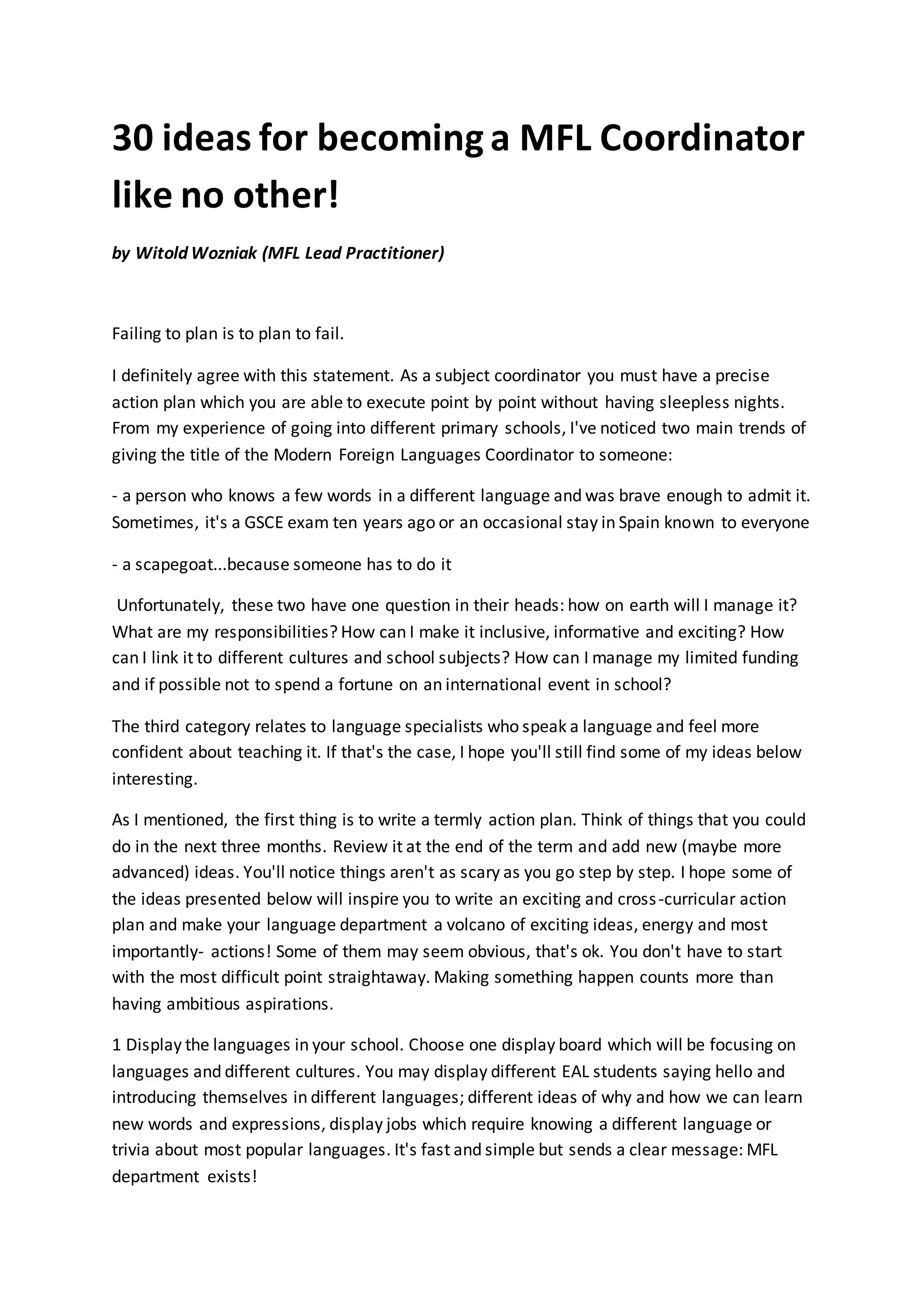 30 ideas for being a MFL Coordinator like no other | DOCX