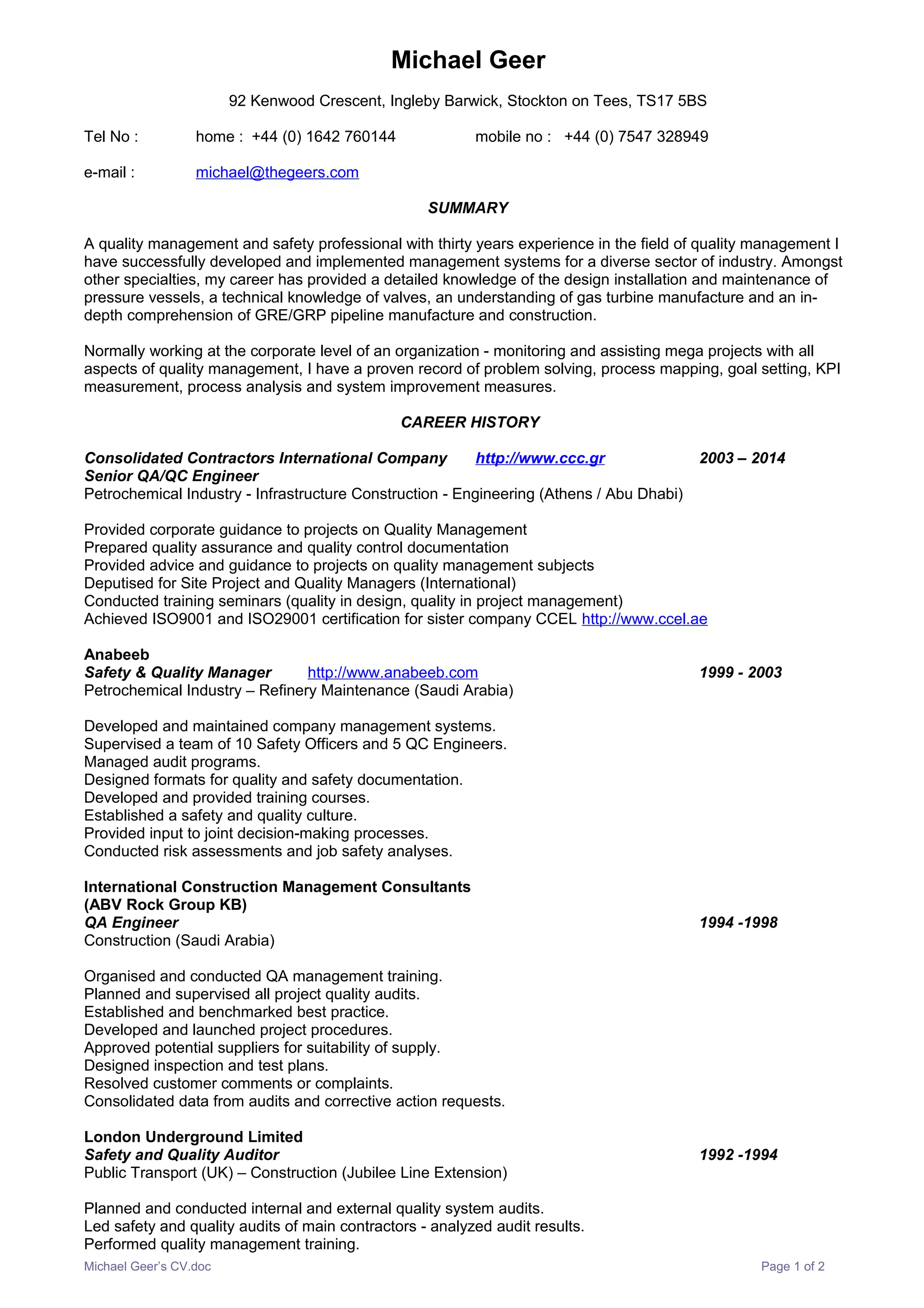 CV Michael Geer1 | DOC