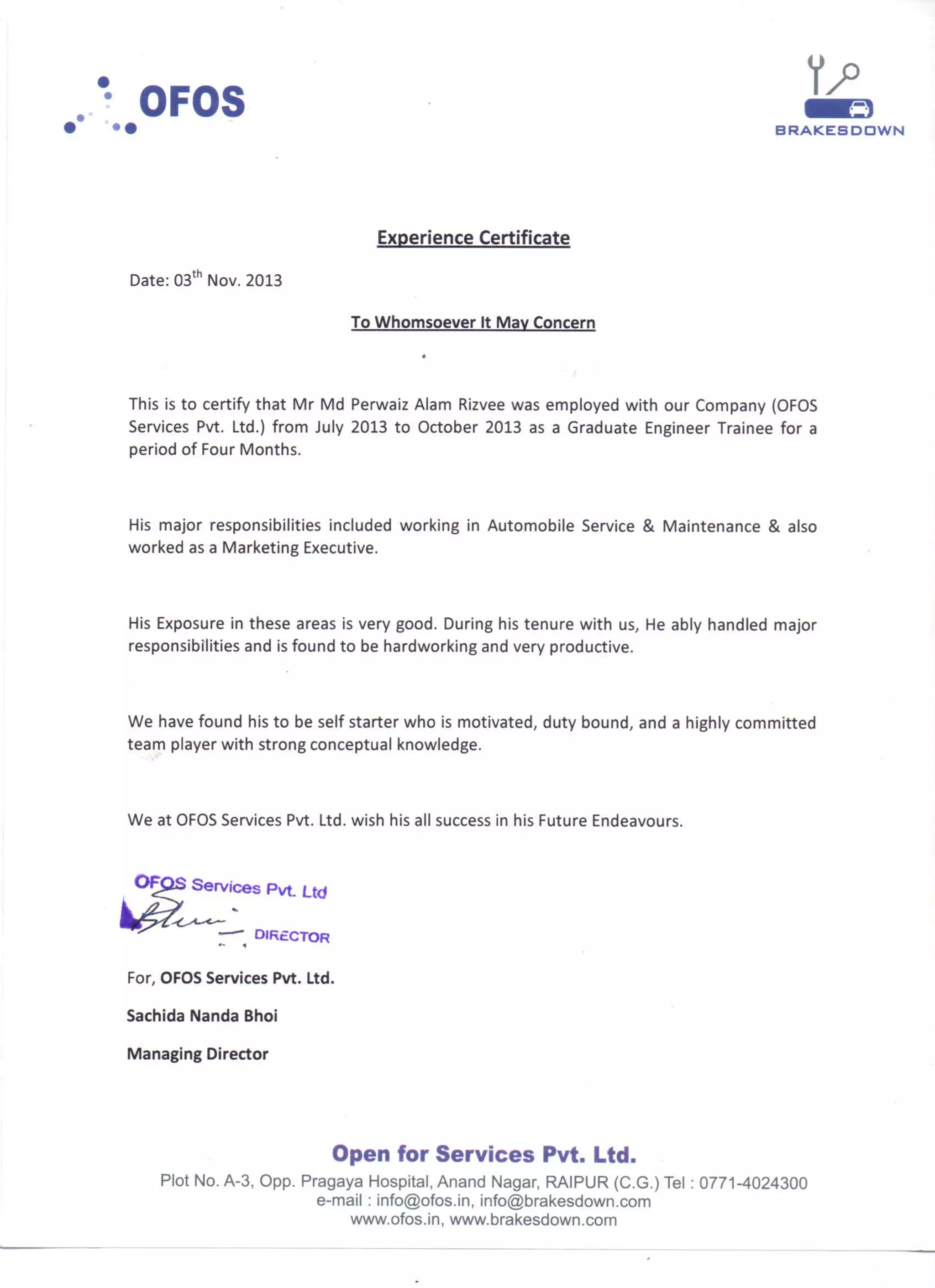 EXPERIENCE CERTIFICATE OF OFOS SERVICE PVT LTD | PDF