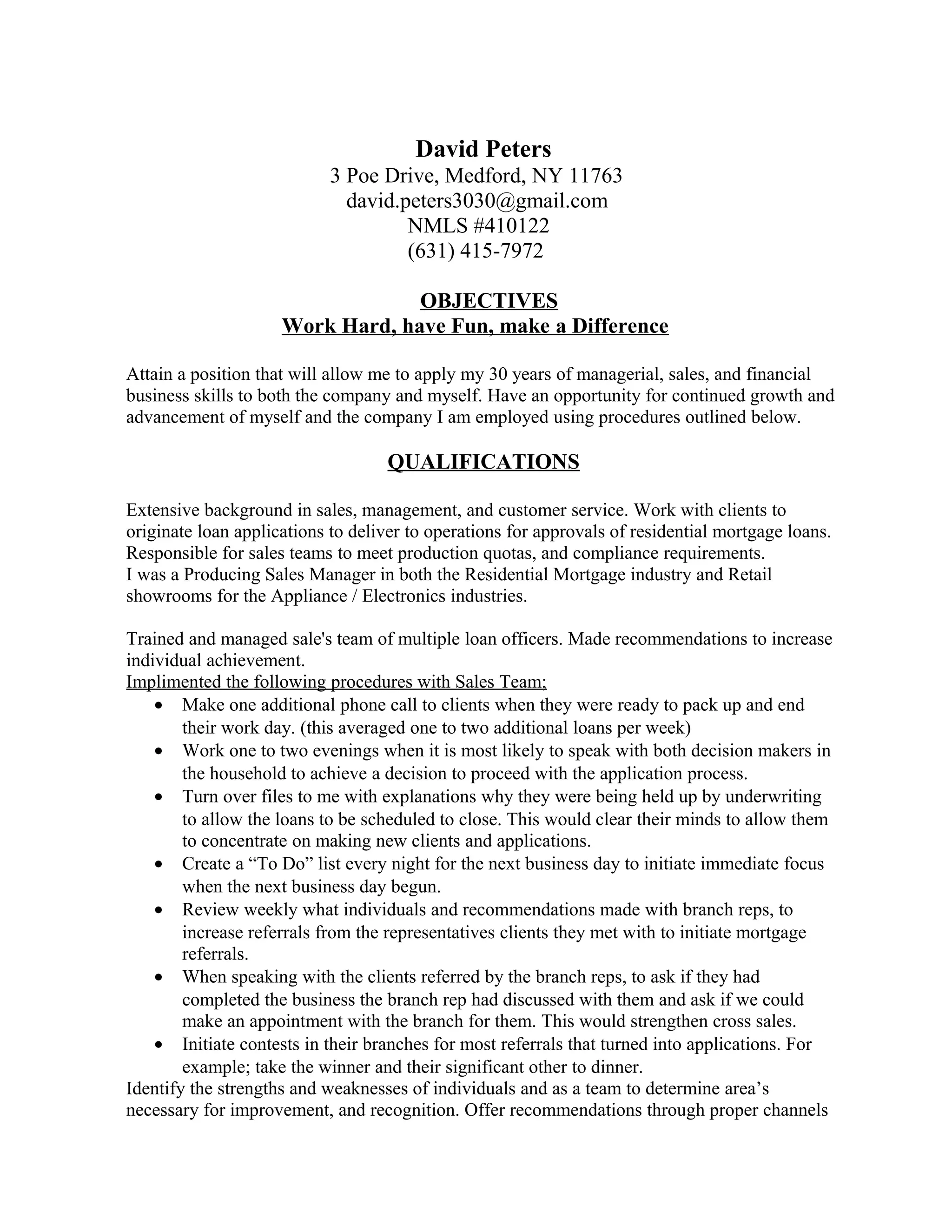 David Peters Cover Letter & Resume 4-6-15 | DOC | Home Financing ...