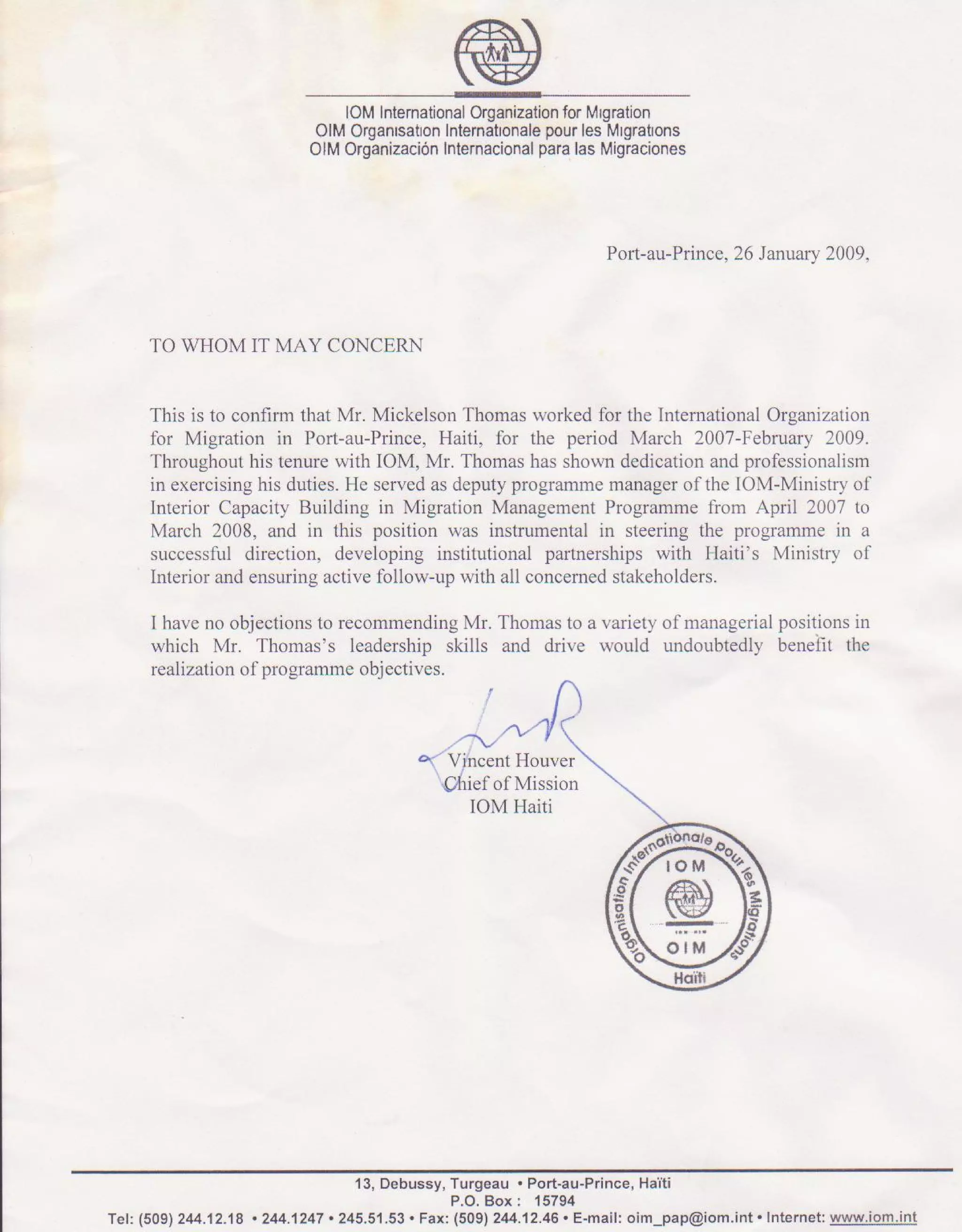 COM OIM REFERENCE LETTER FOR MICKELSON THOMAS | PDF