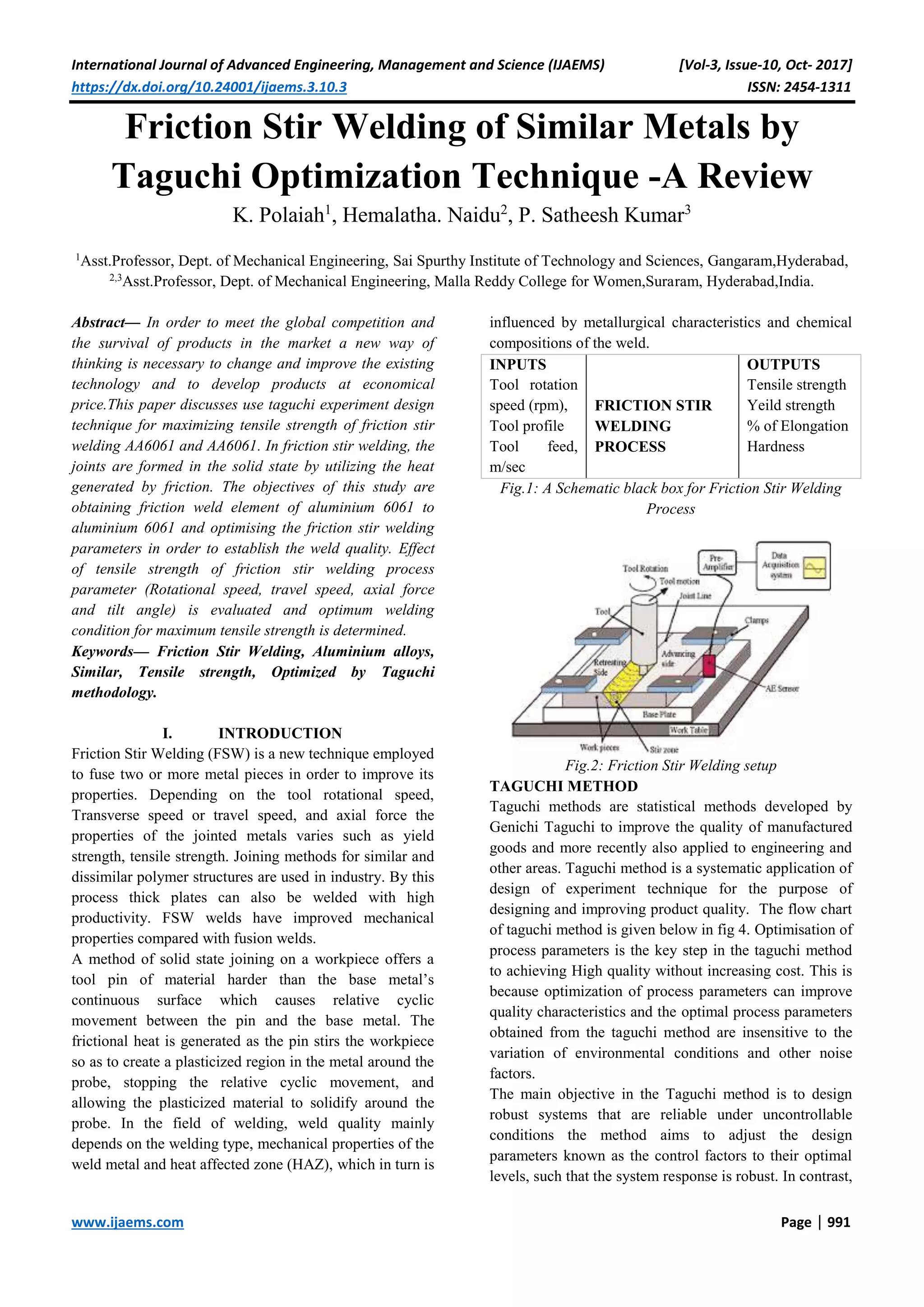 Friction Stir Welding of Similar Metals by Taguchi Optimization ...