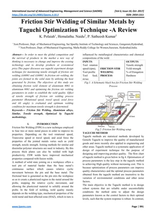 Friction Stir Welding of Similar Metals by Taguchi Optimization Technique -A Review | PDF
