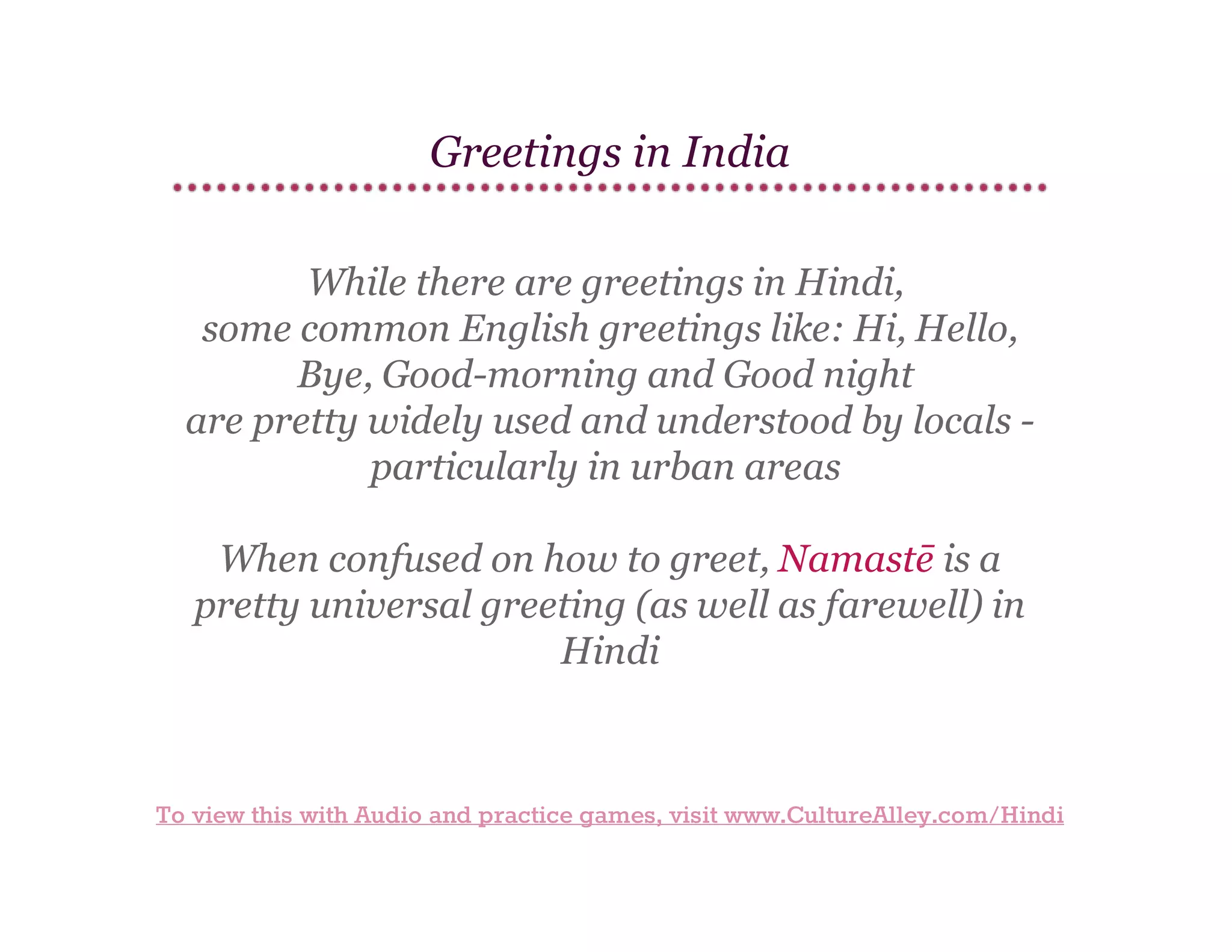 Basic Hindi | Lesson 3 | Greetings | PDF