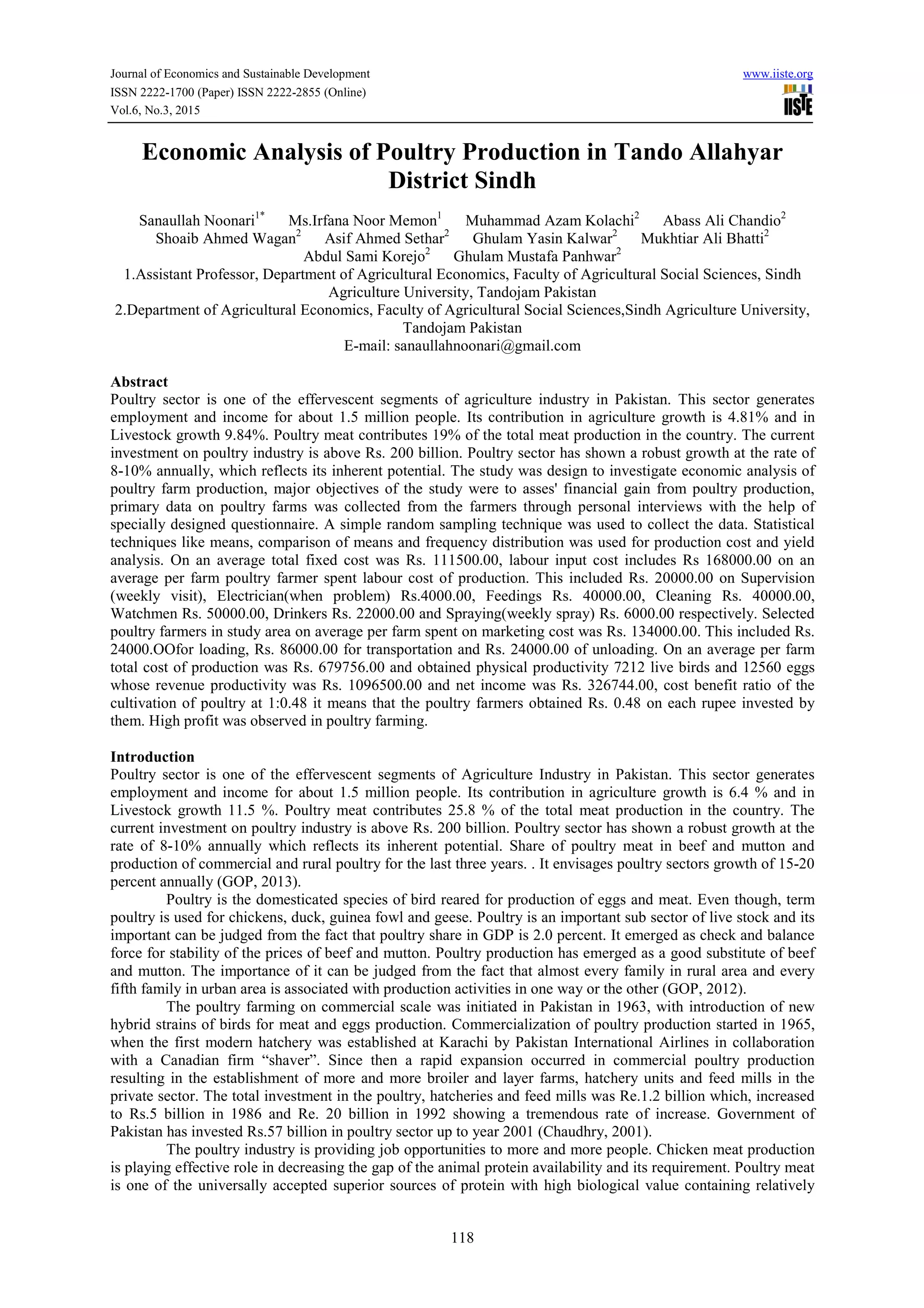 Economic Analysis of Poultry Production in Sindh pakistan | PDF
