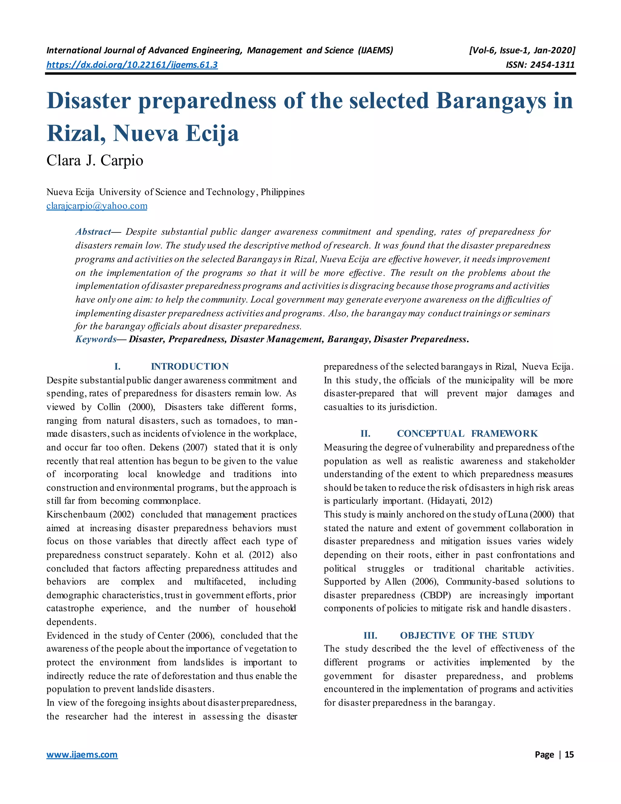 Disaster preparedness of the selected Barangays in Rizal, Nueva Ecija | PDF