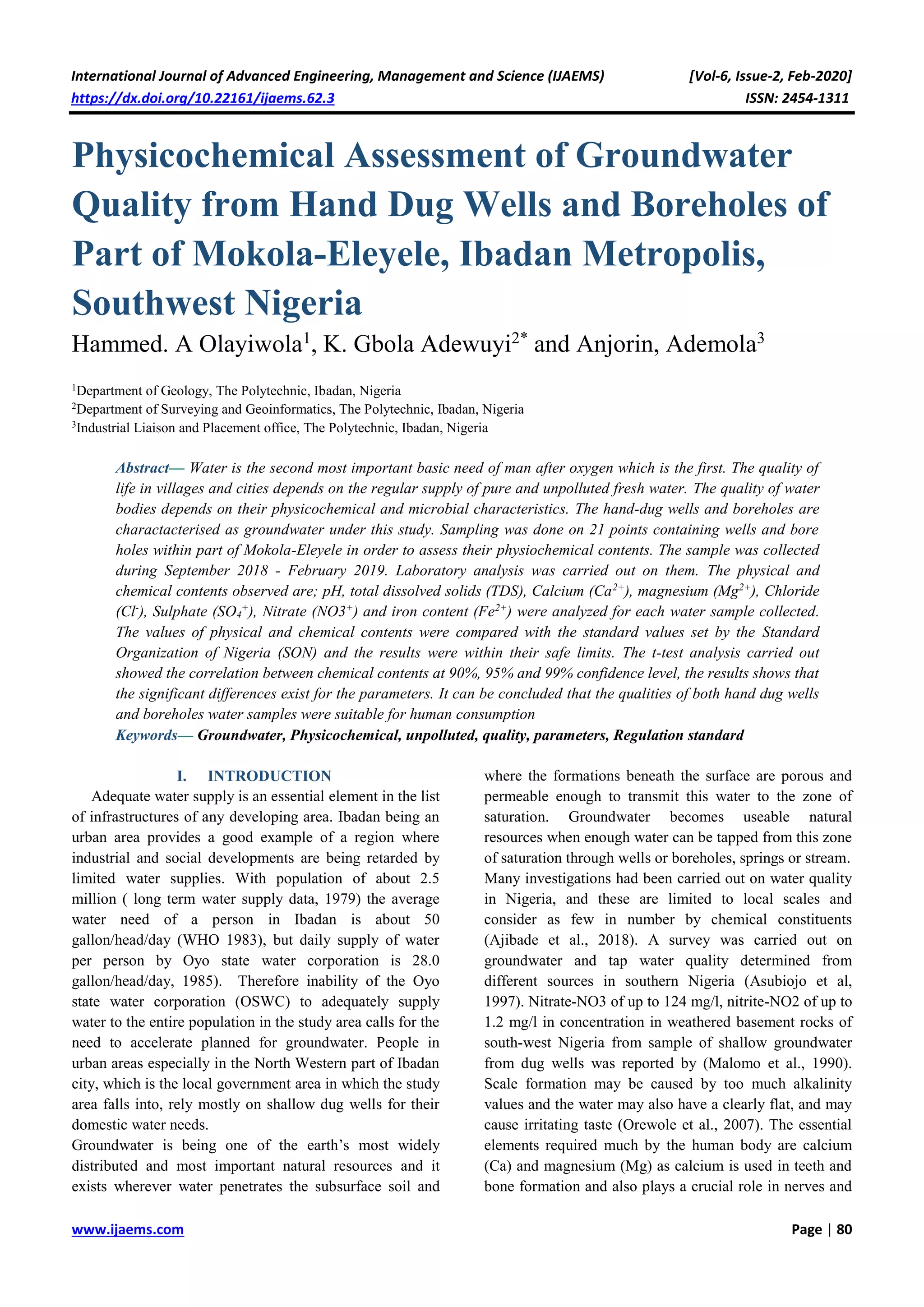 Physicochemical Assessment of Groundwater Quality from Hand Dug Wells ...
