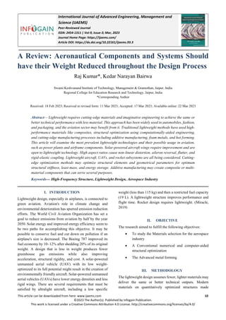 A Review: Aeronautical Components and Systems Should have their Weight Reduced throughout the ...