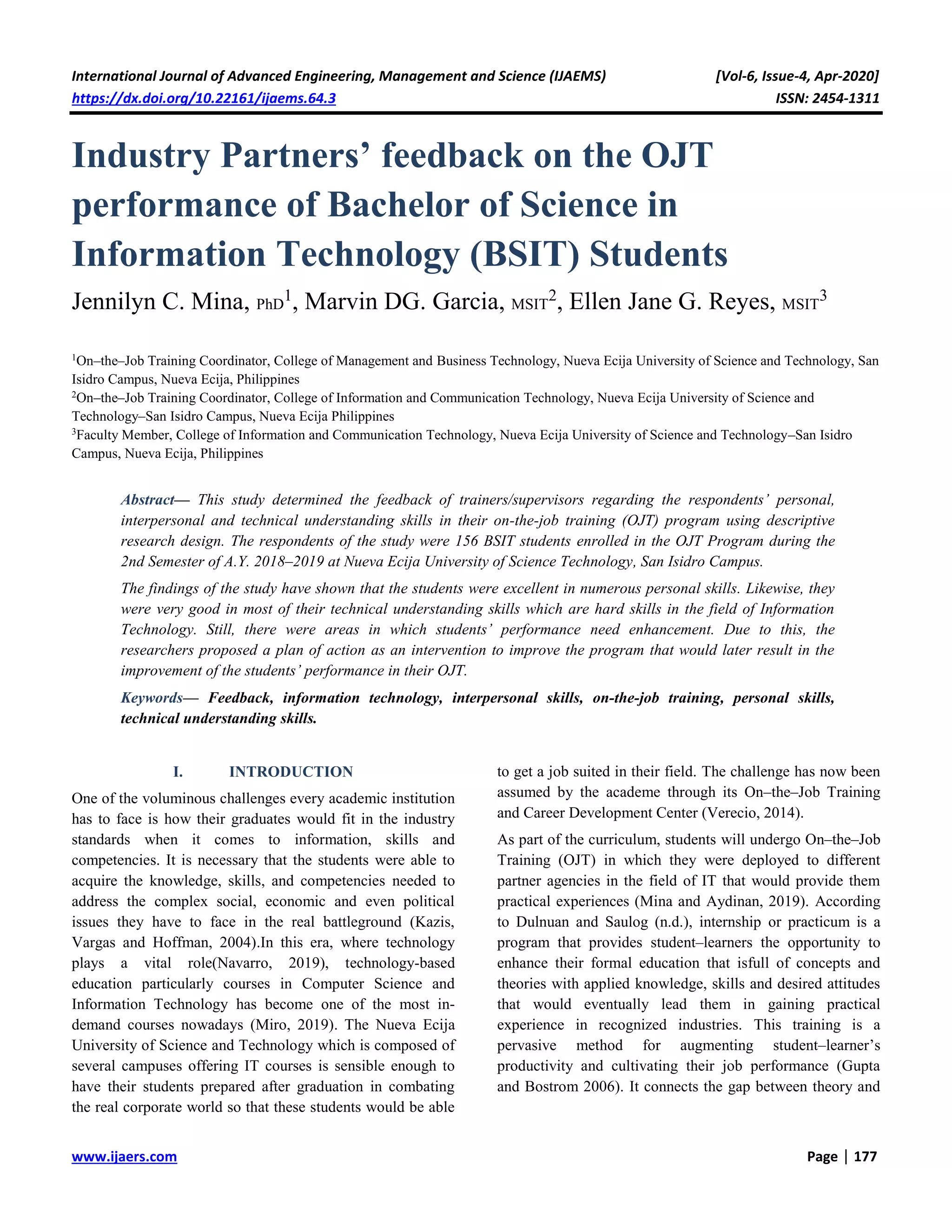 Industry Partners’ feedback on the OJT performance of Bachelor of ...
