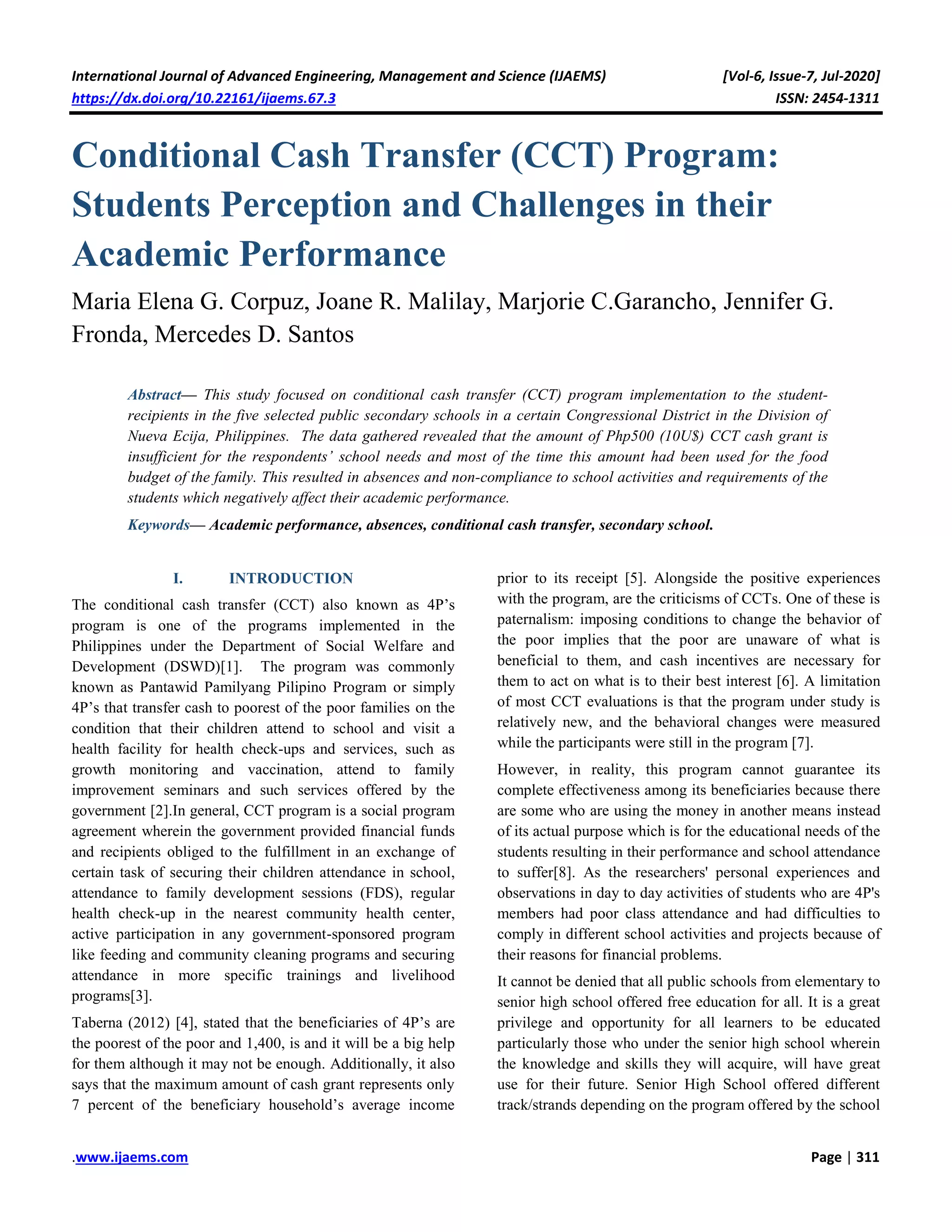 Conditional Cash Transfer (CCT) Program: Students Perception and Challenges in their Academic ...