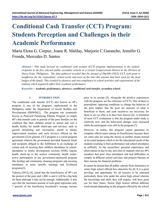 Conditional Cash Transfer (CCT) Program: Students Perception and ...