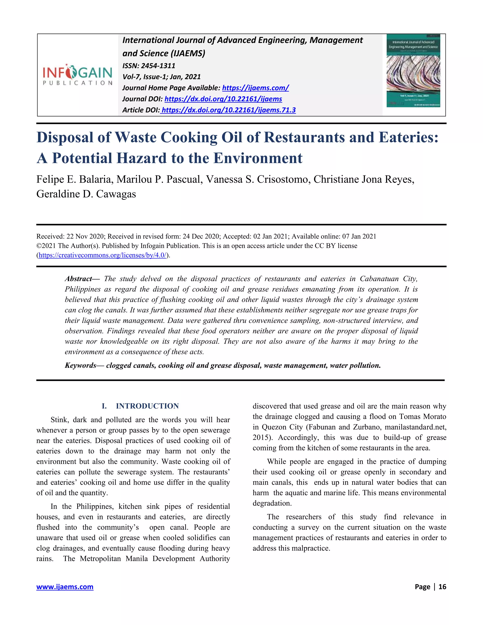 Disposal of Waste Cooking Oil of Restaurants and Eateries: A Potential ...