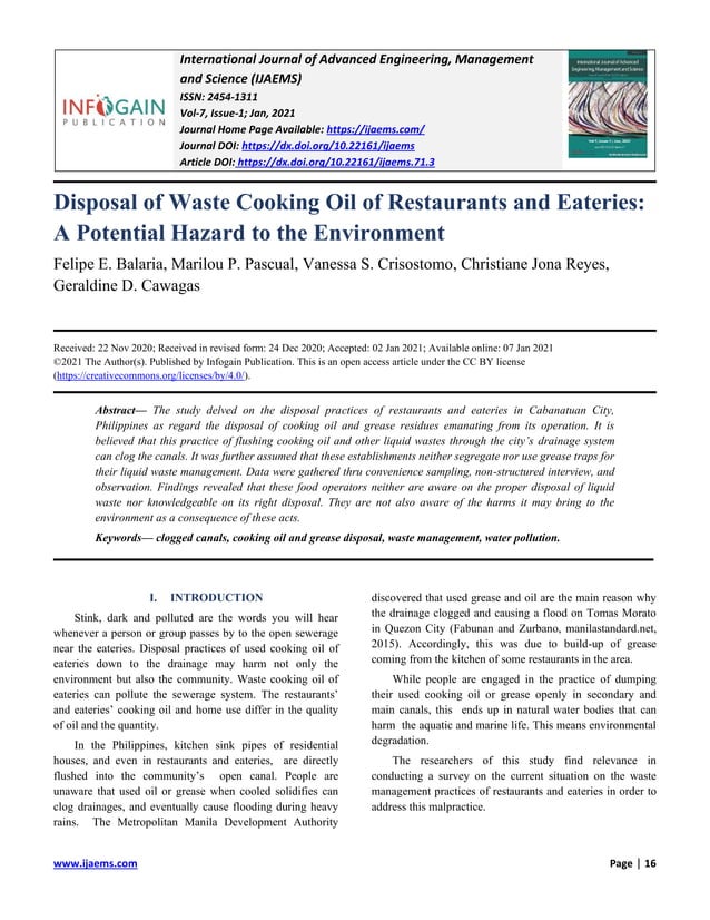Disposal of Waste Cooking Oil of Restaurants and Eateries: A Potential ...