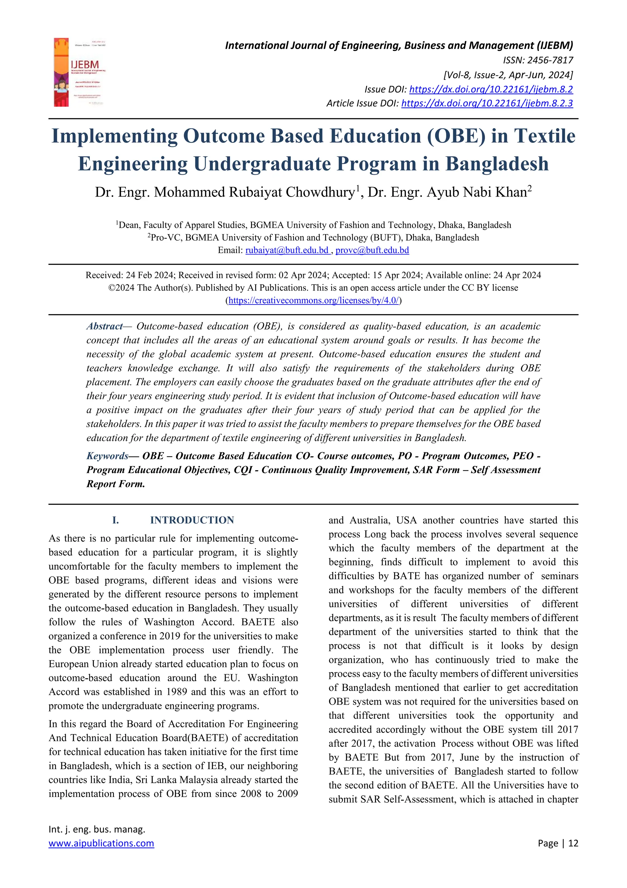 Implementing Outcome Based Education (OBE) in Textile Engineering Undergraduate Program in ...