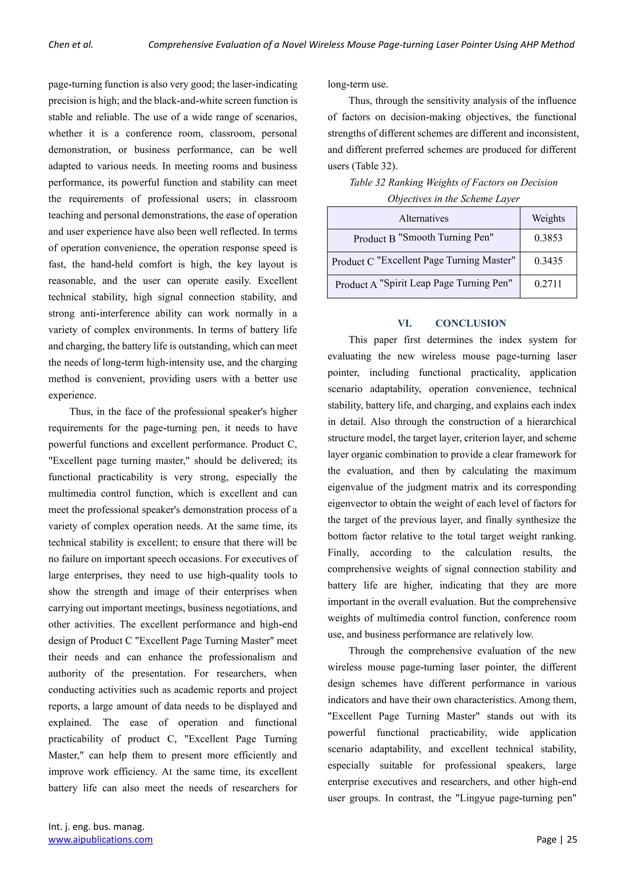Comprehensive Evaluation of a Novel Wireless Mouse Page-turning Laser Pointer Using AHP Method | PDF