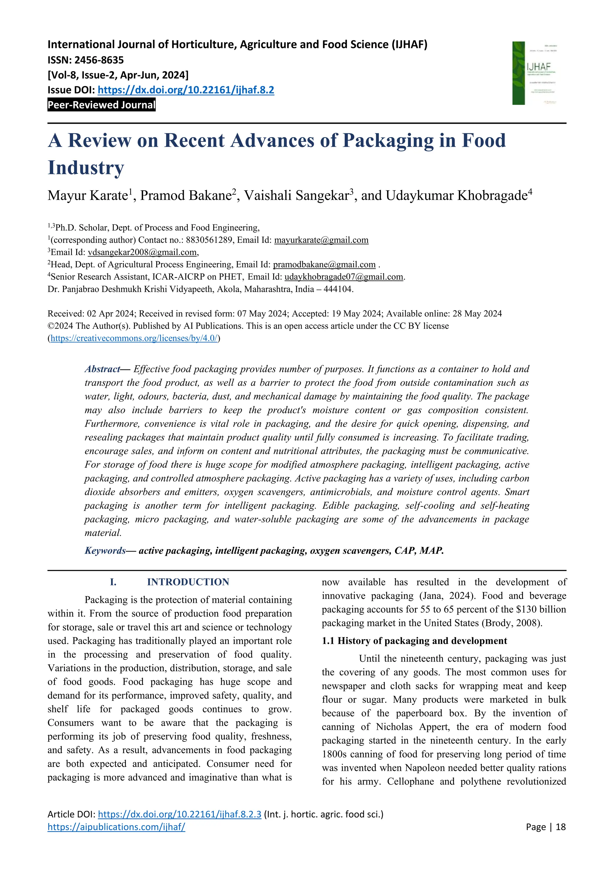 A Review on Recent Advances of Packaging in Food Industry | PDF