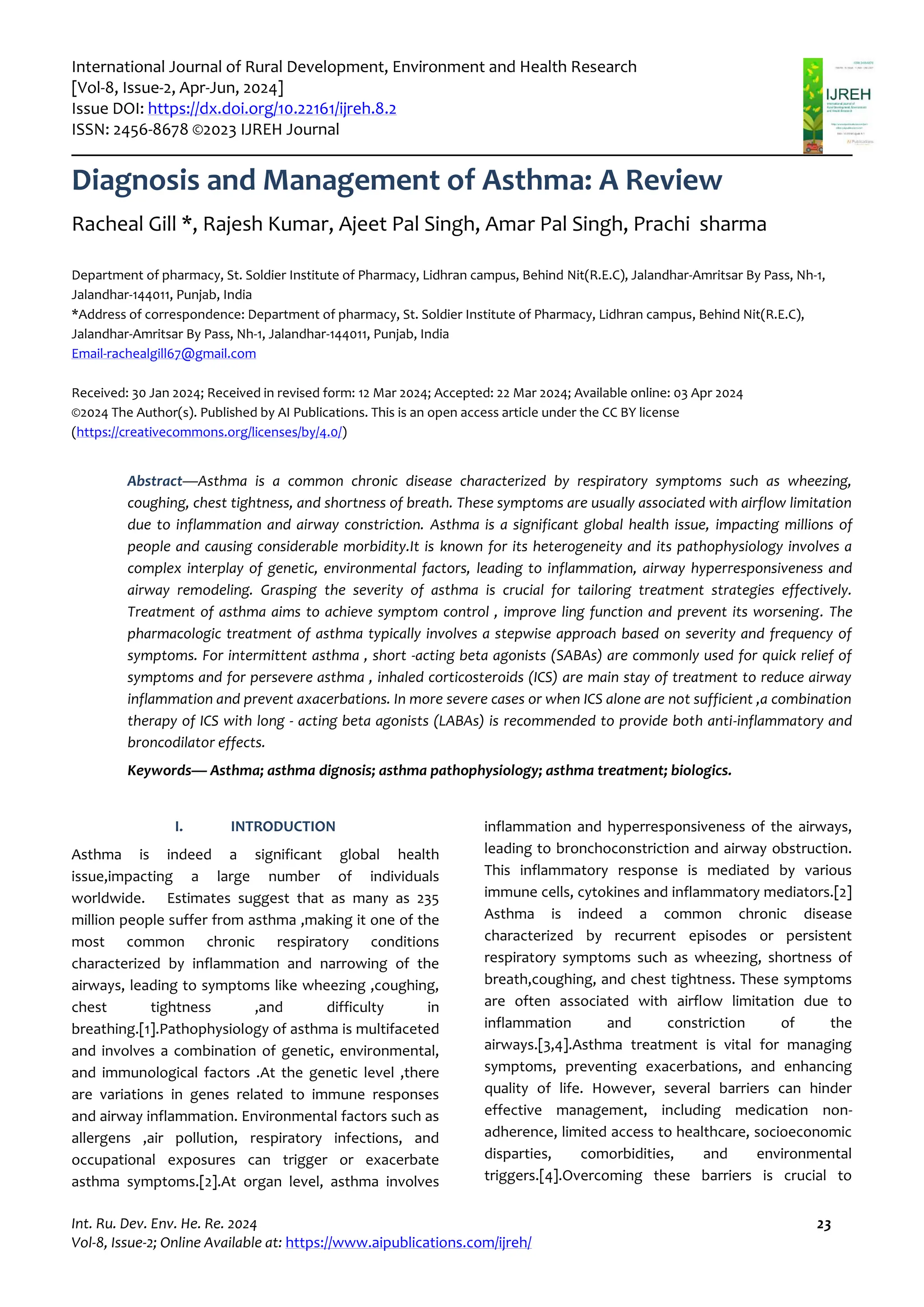 Diagnosis and Management of Asthma: A Review | PDF