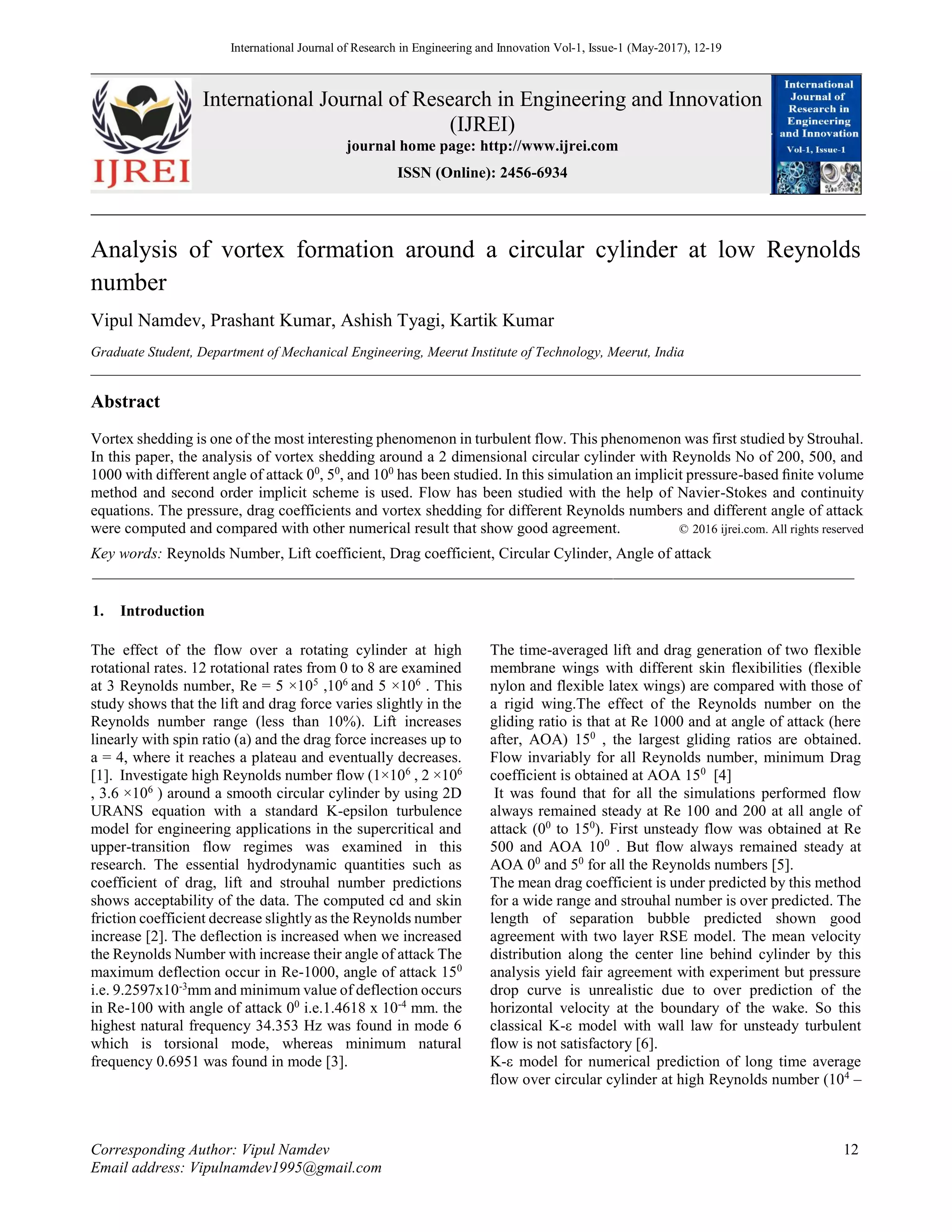 Analysis of vortex formation around a circular cylinder at low Reynolds number | PDF | Physics ...