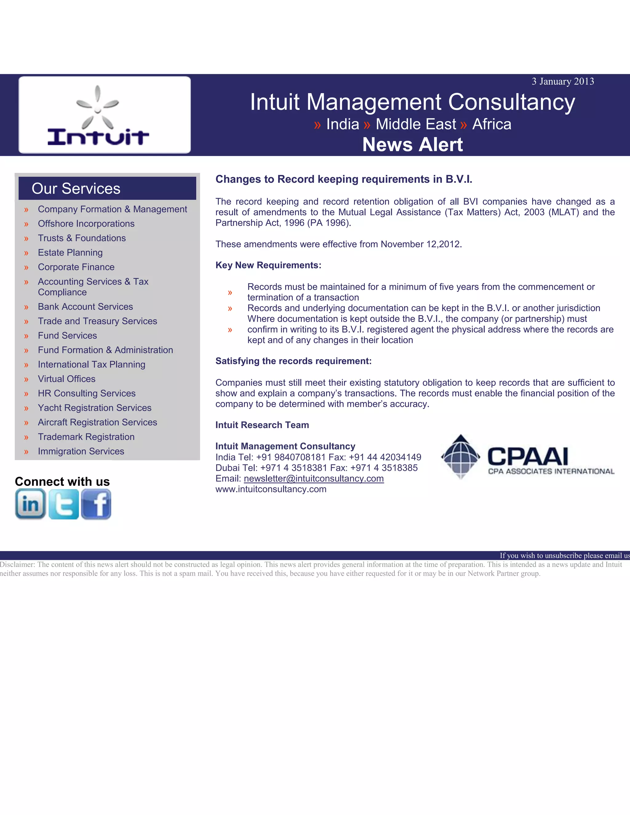 News Alert - Changes to Record keeping requirements in B.V.I. | PDF