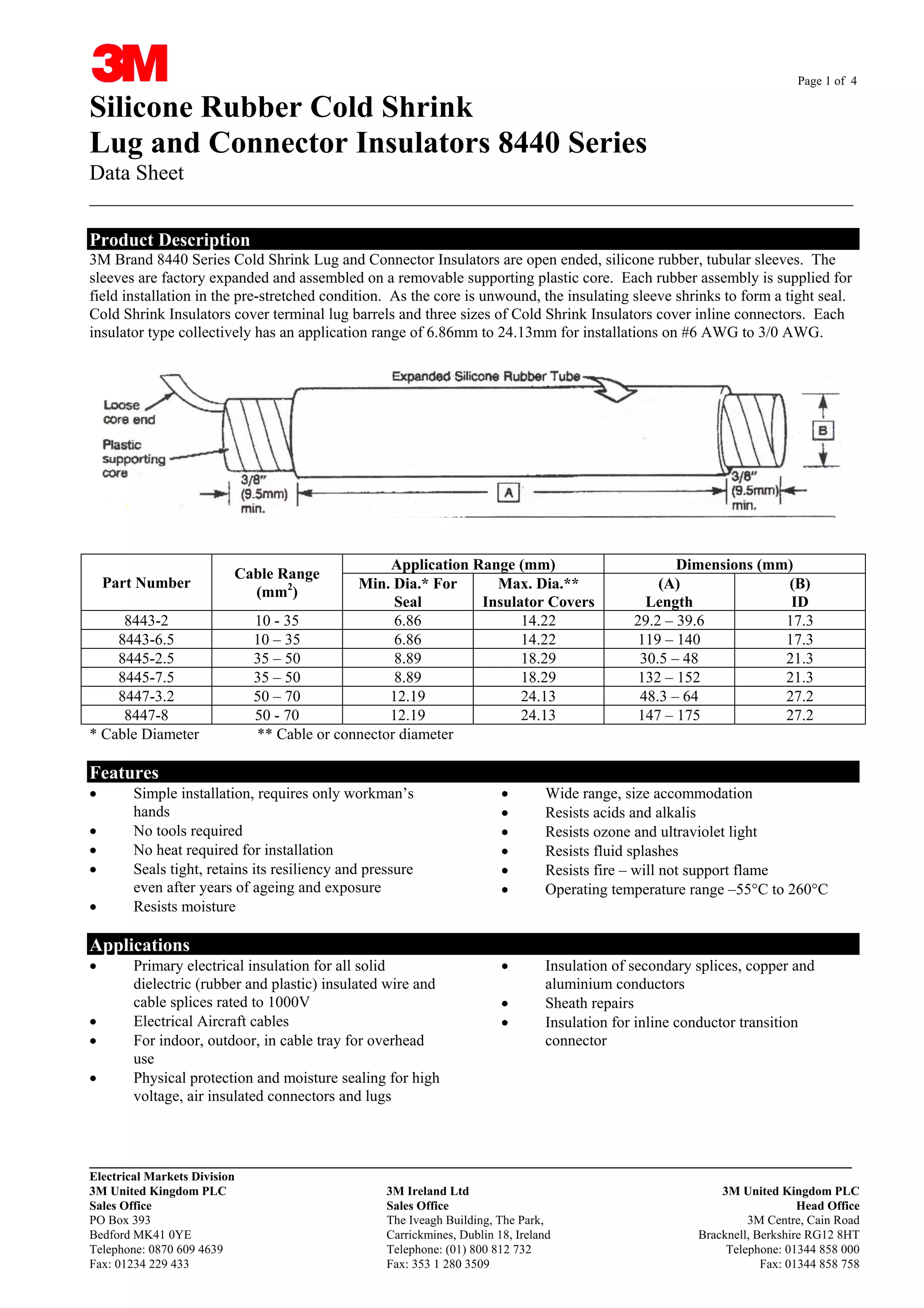 3M Silicone Cold Shrink Tubes Technical Data Sheet | PDF