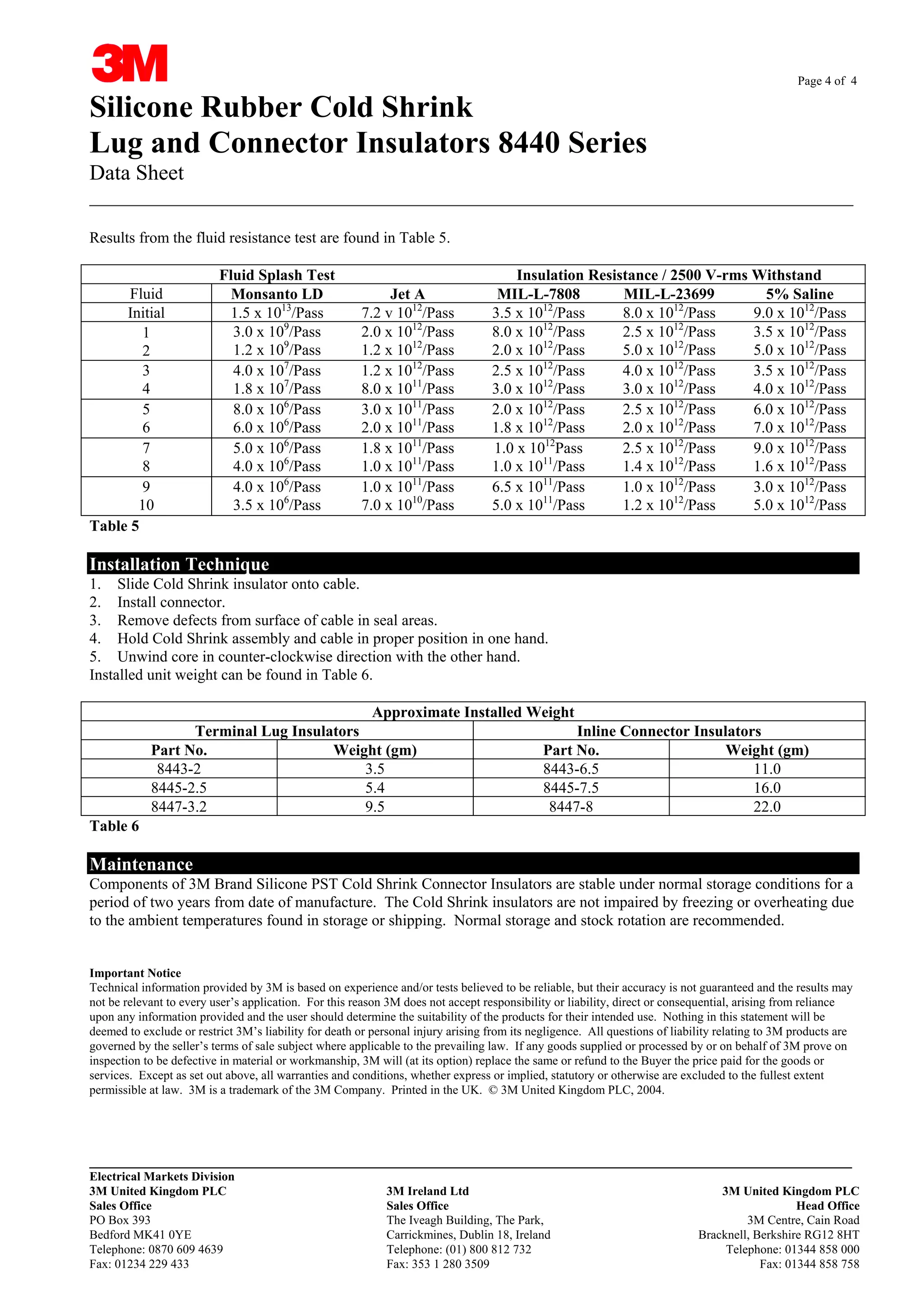 3M Silicone Cold Shrink Tubes Technical Data Sheet | PDF