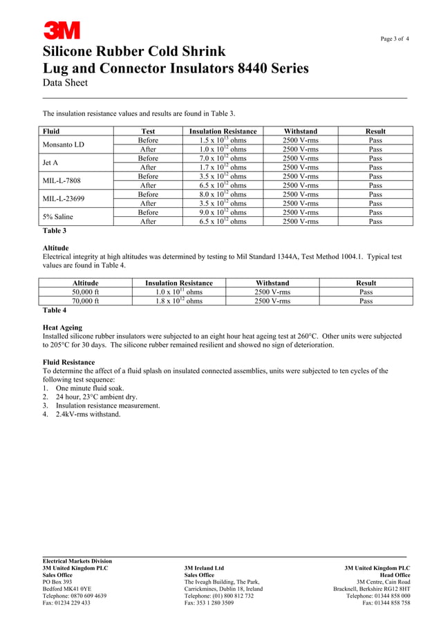 3M Silicone Cold Shrink Tubes Technical Data Sheet | PDF