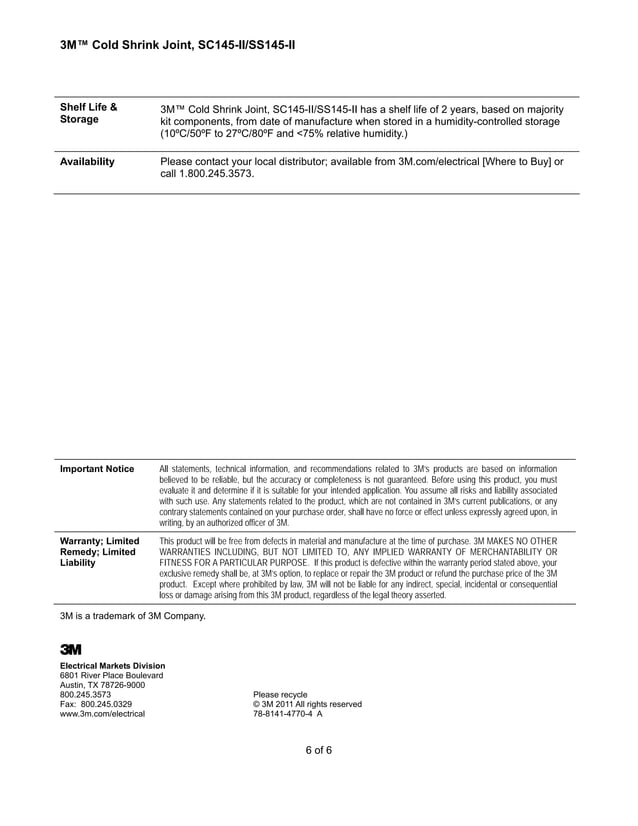 3M Cold Shrink Joint 145 kV Inline (Straight Through) SS145-II | PDF