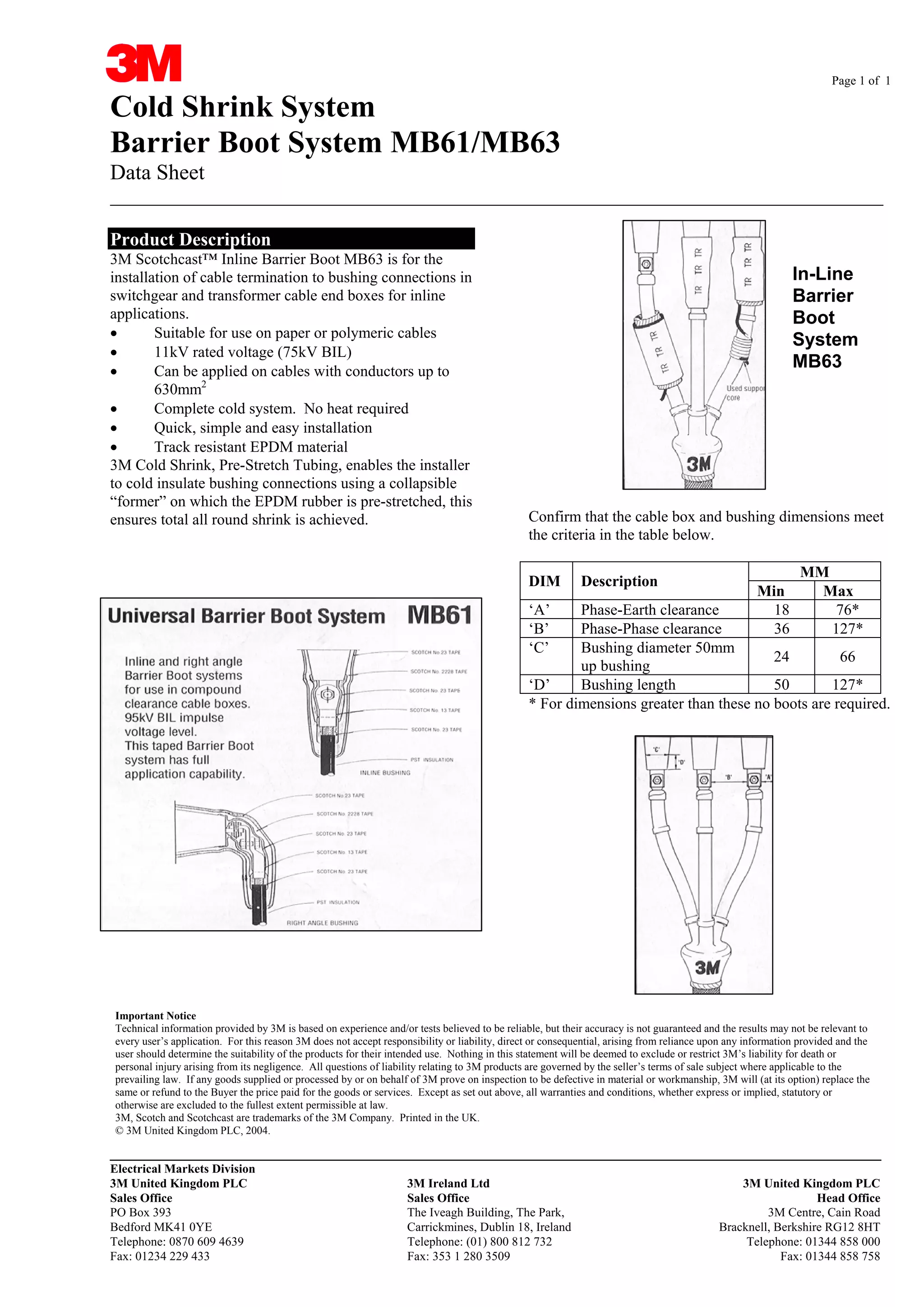 3M Cold Shrink MB61 MB63 Barrier Boot Systems For High Voltage HV ...