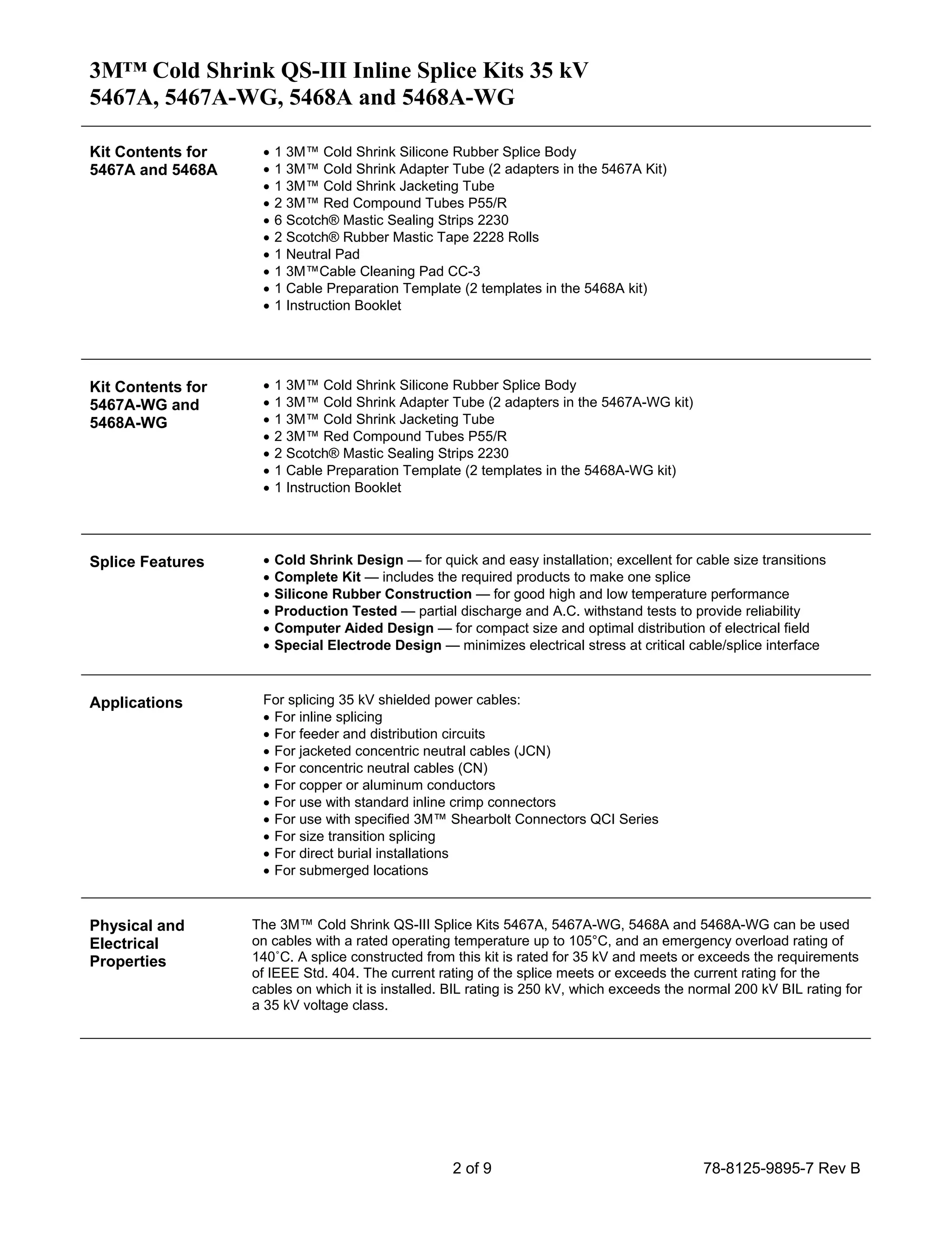 3M Cold Shrink QS-III Inline Splice Kits 35kV - 5467A, 5467A-WG, 5468A ...