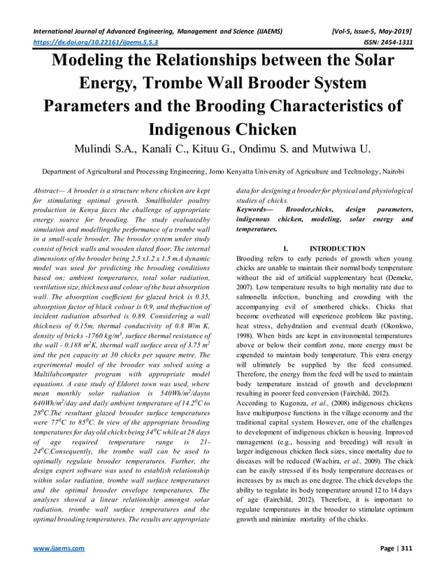 Modeling the Relationships between the Solar Energy, Trombe Wall Brooder System Parameters and ...