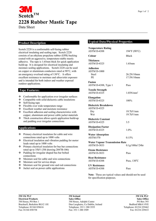 3M Scotch 2228 Rubber Mastic Tape - Data Sheet | PDF