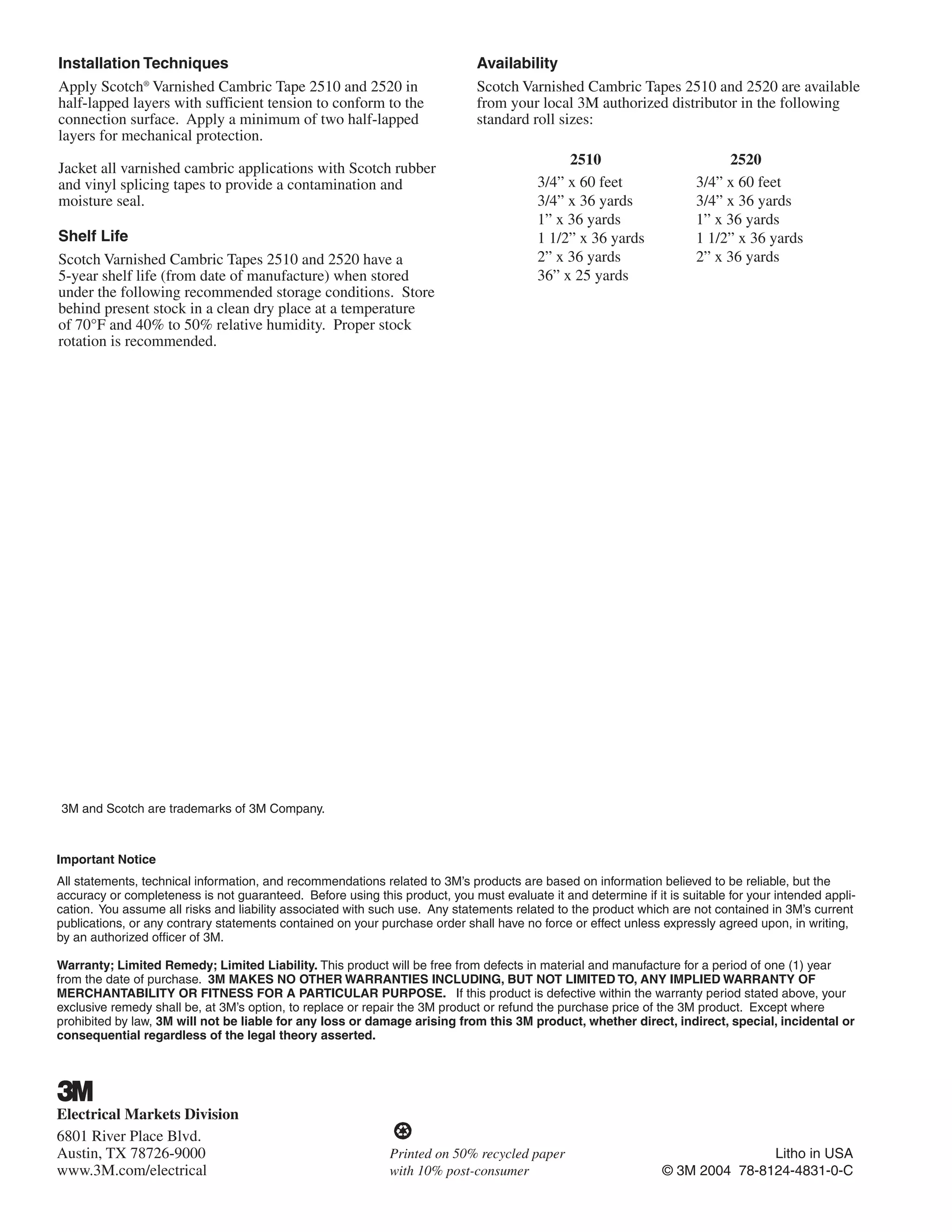 3M Scotch 2510 Varnished Cambric Electrical Tape - 3M Scotch Electrical ...