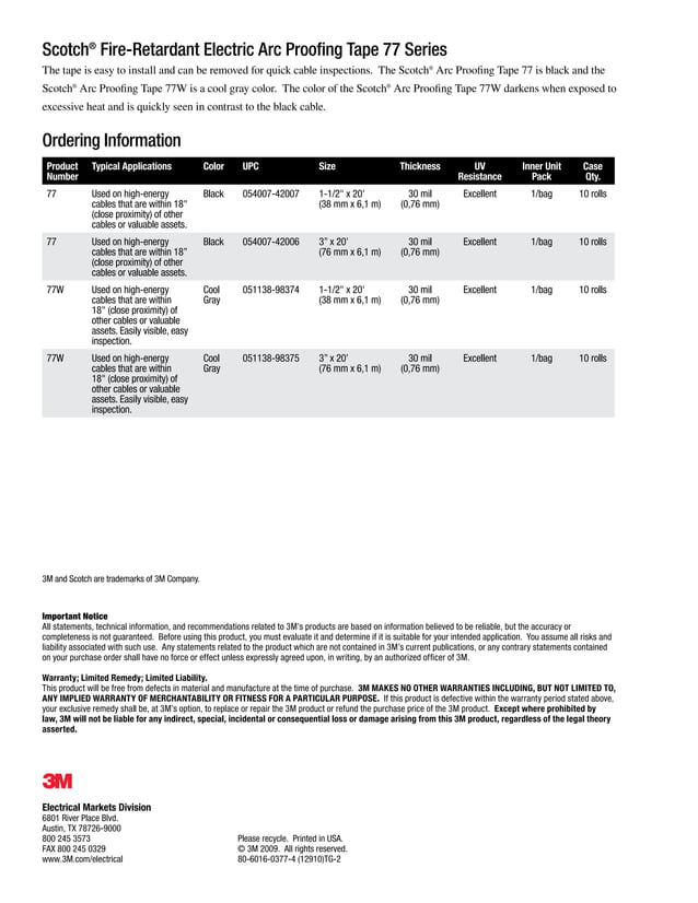 3M Scotch 77 Tape - 3M Scotch Fire-Retardant Electric Arc Proofing ...