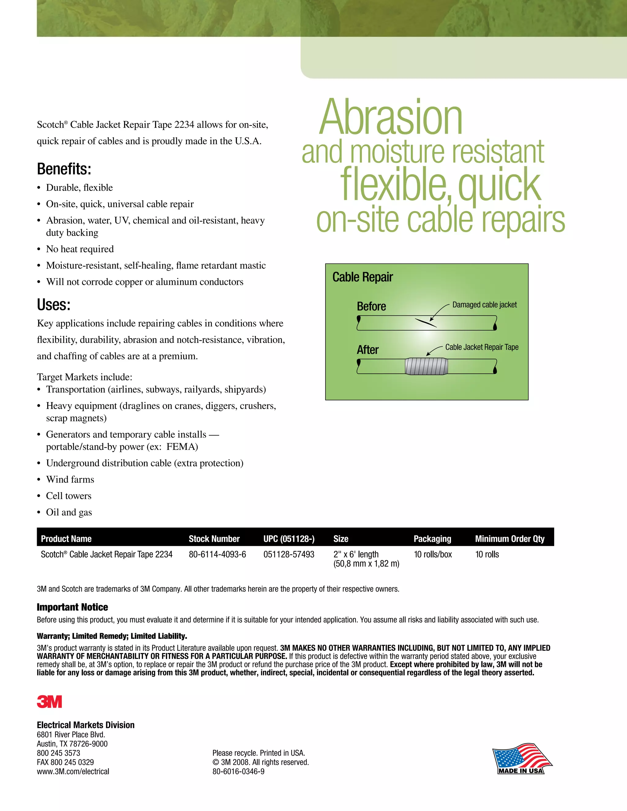 3M Scotch Cable Sheath & Jacket Repair Tape 2234 | PDF