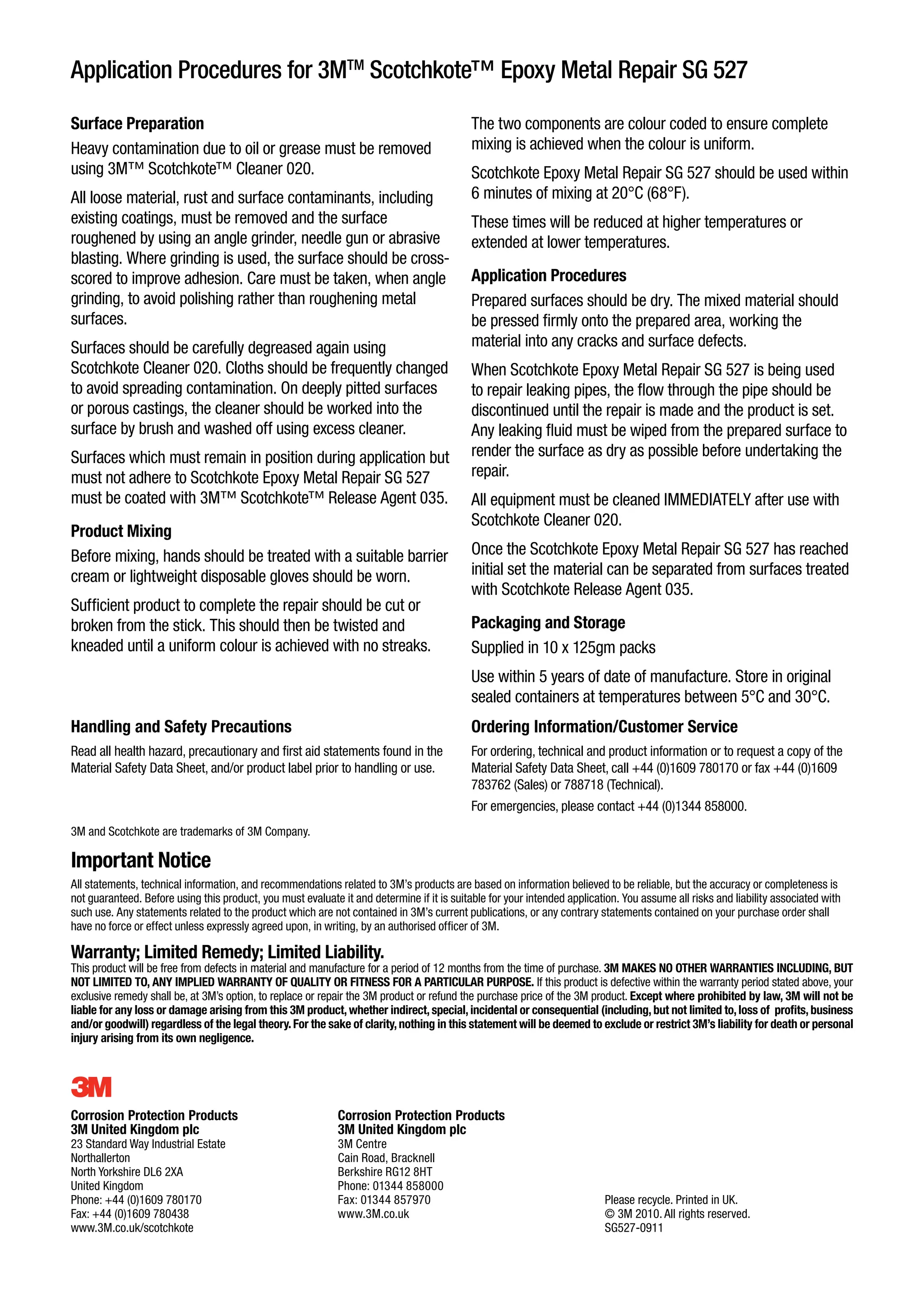3M Scotchcast Resins - 3M Scotchkote SG527 Epoxy Metal Repair | PDF