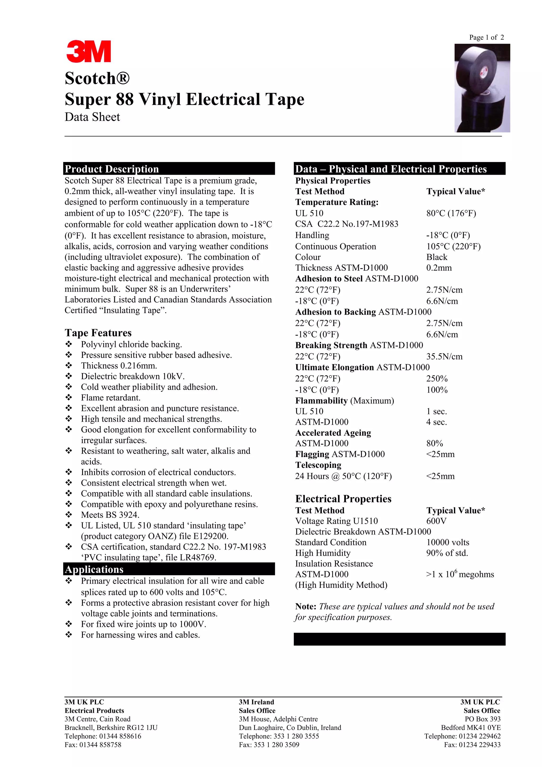 3M Scotch Super 88 Vinyl Electrical Tape - 3M PVC Insulation Tapes | PDF