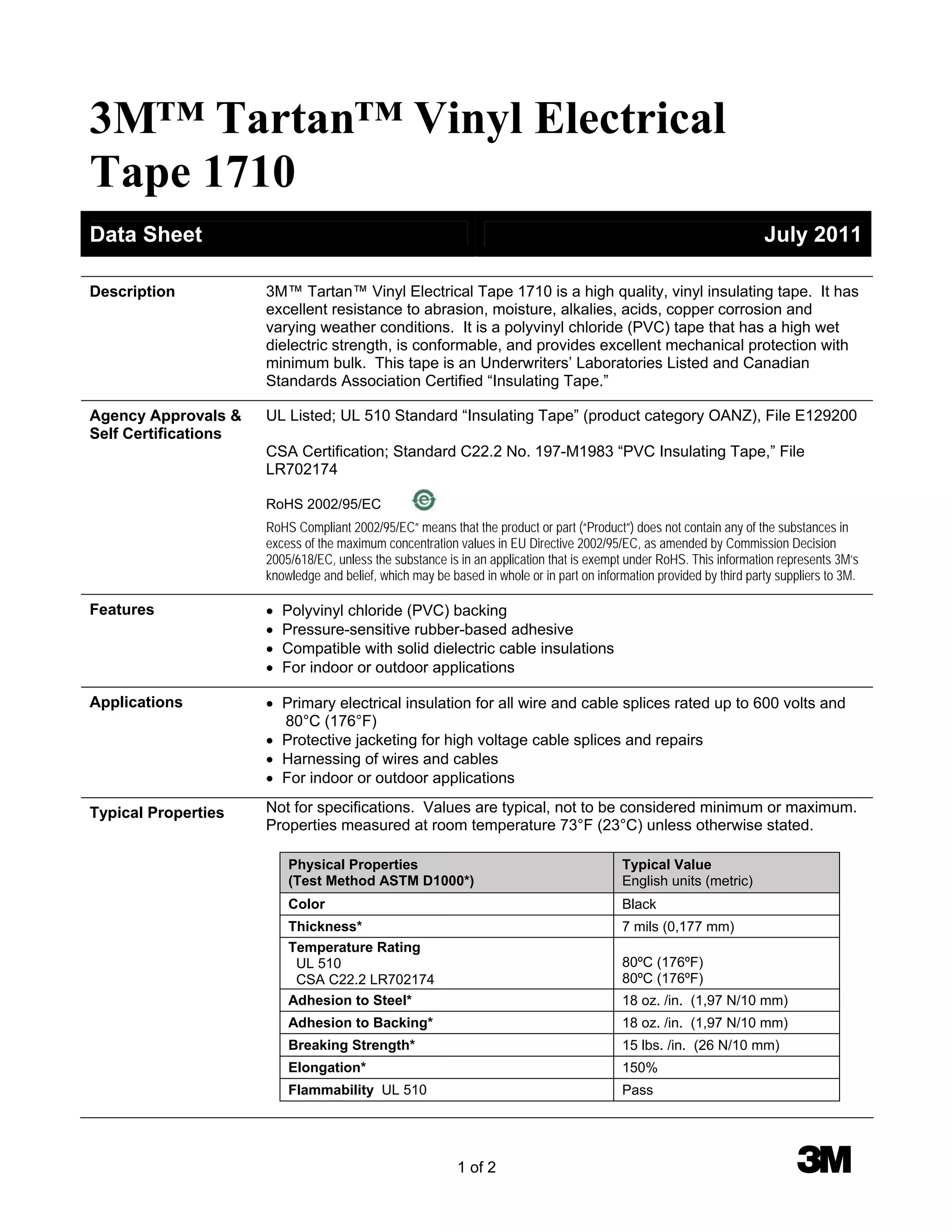 3M Tartan Vinyl Electrical Tape 1710 - Electrical Insulating Tape | PDF