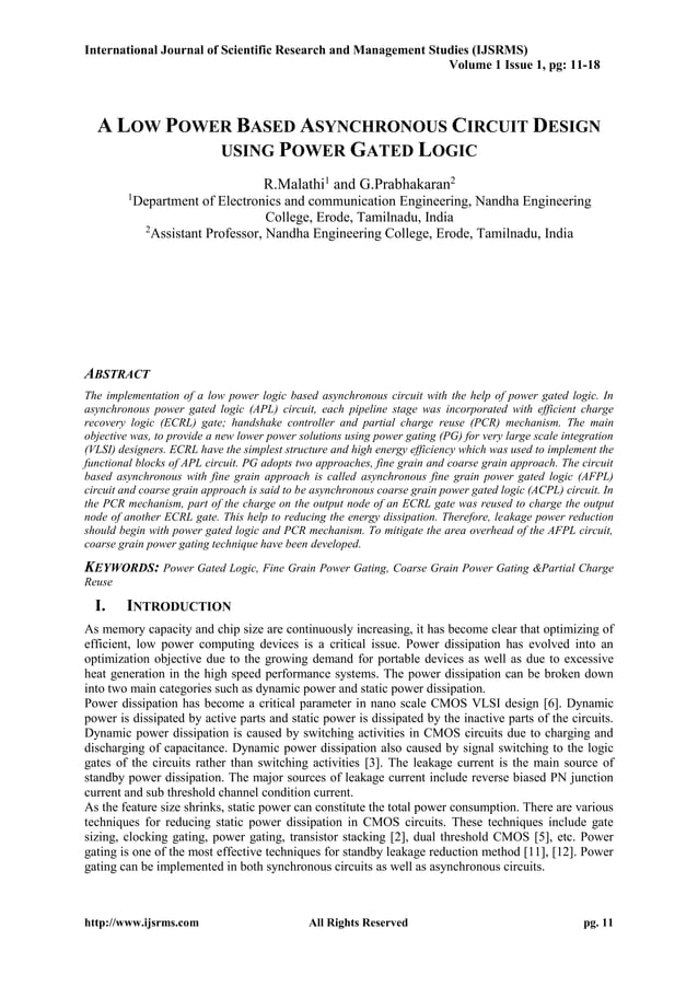 A LOW POWER BASED ASYNCHRONOUS CIRCUIT DESIGN USING POWER GATED LOGIC | PDF