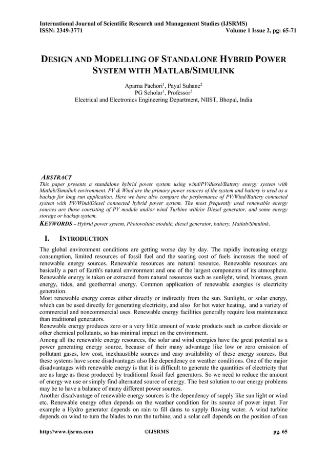 DESIGN AND MODELLING OF STANDALONE HYBRID POWER SYSTEM WITH MATLAB/SIMULINK | PDF