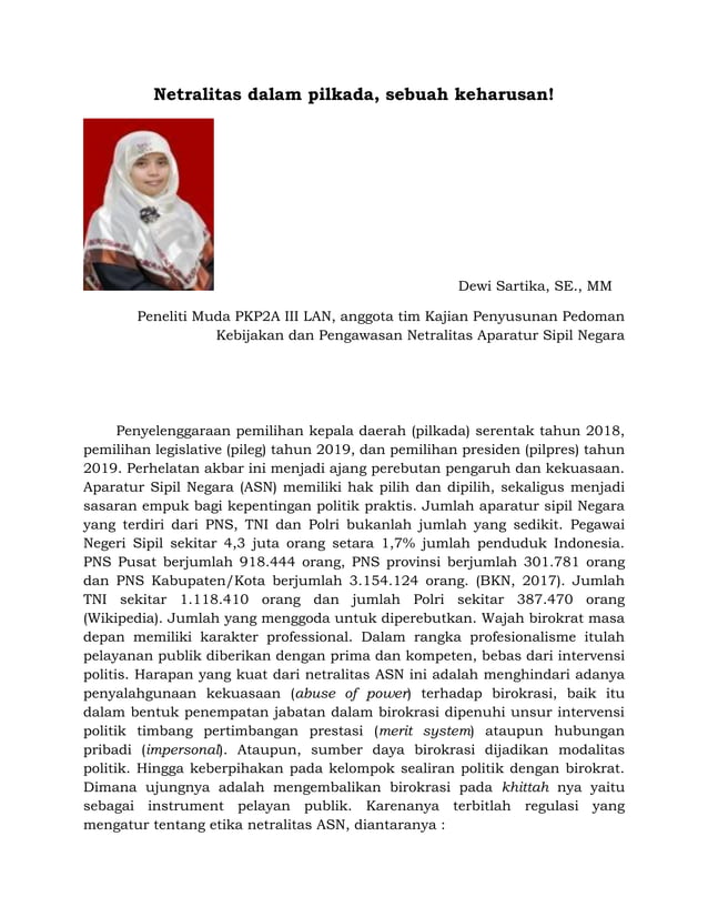 Netralitas ASN dalam Pilkada, Sebuah Keharusan! | PDF