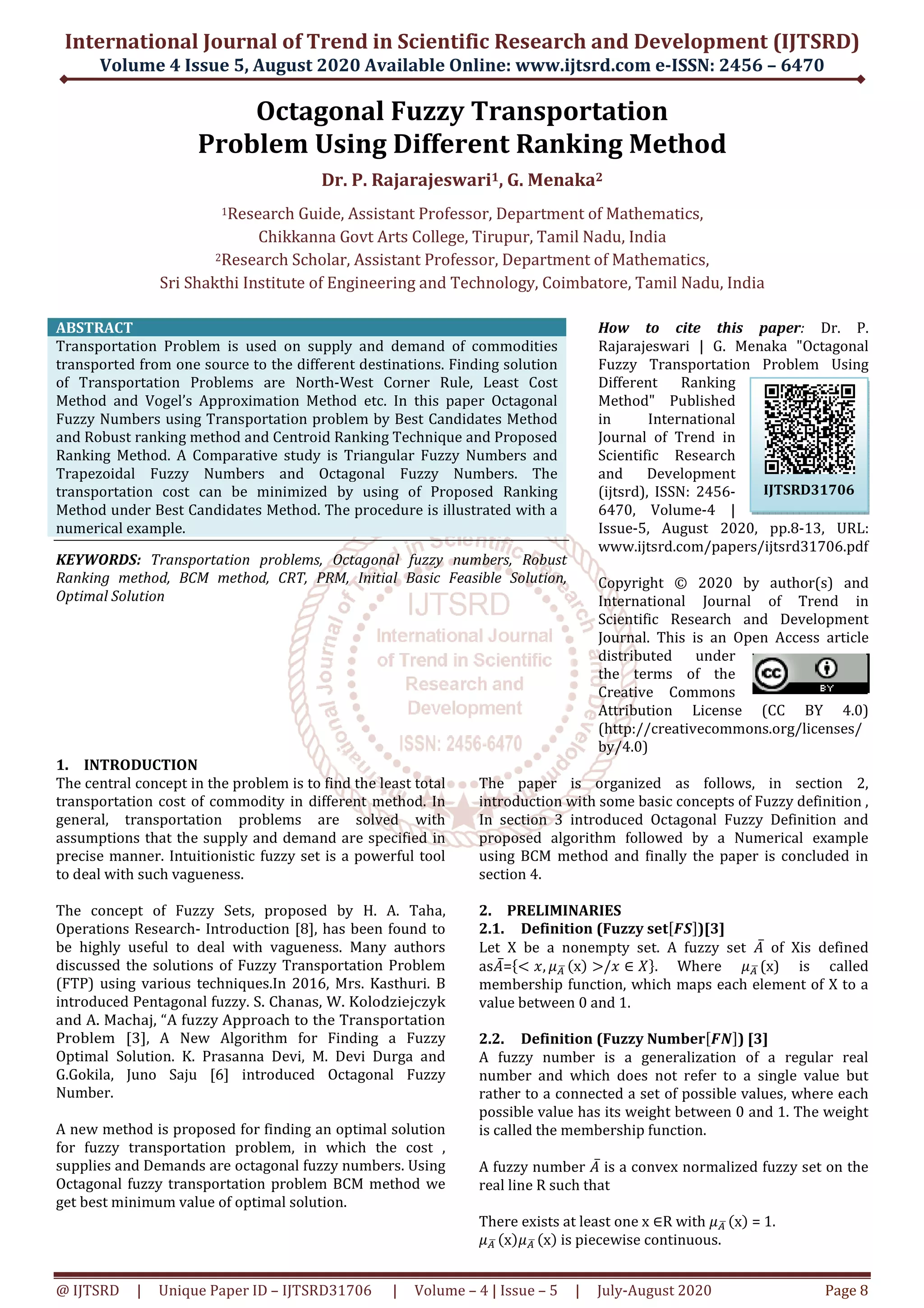 Octagonal Fuzzy Transportation Problem Using Different Ranking Method | PDF