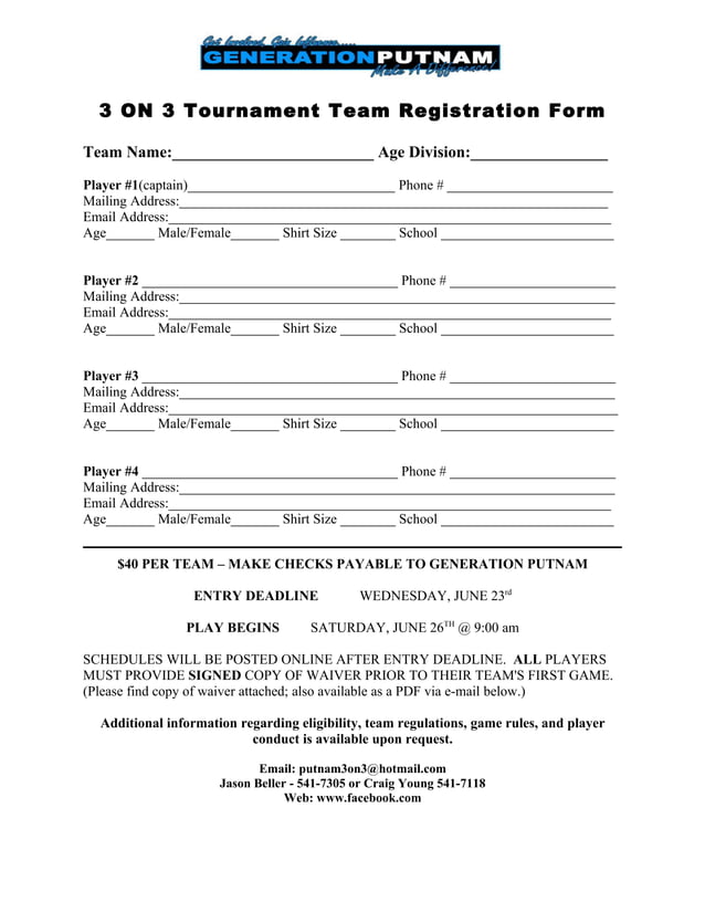 3 On 3 Tournament Team Registration Form | DOC