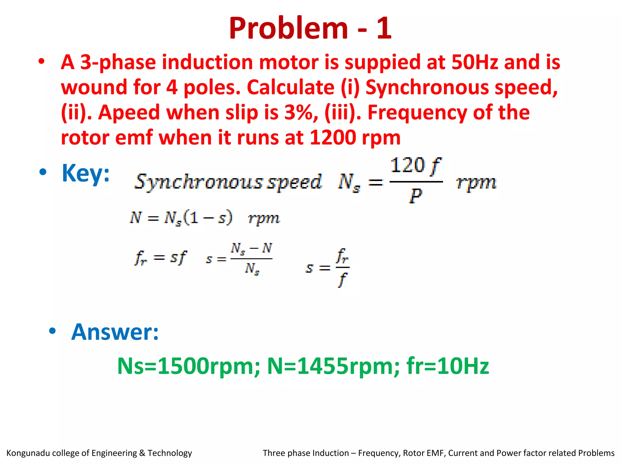 3 phase Induction Motor frequency of induced emf current and power ...
